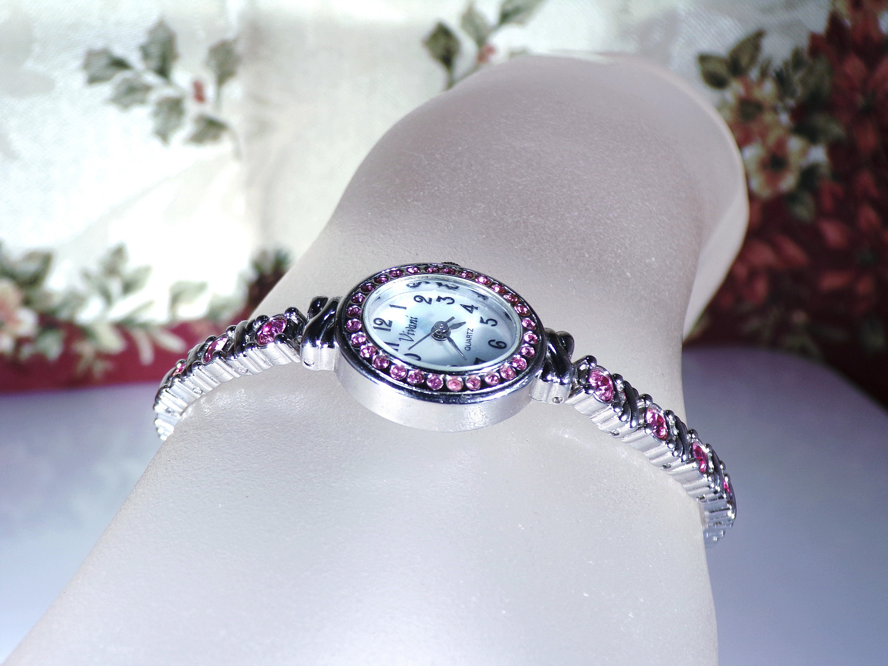 VIVANI Women’s Wrist Watch, Pink Rhinestone Watch with White Gold ...