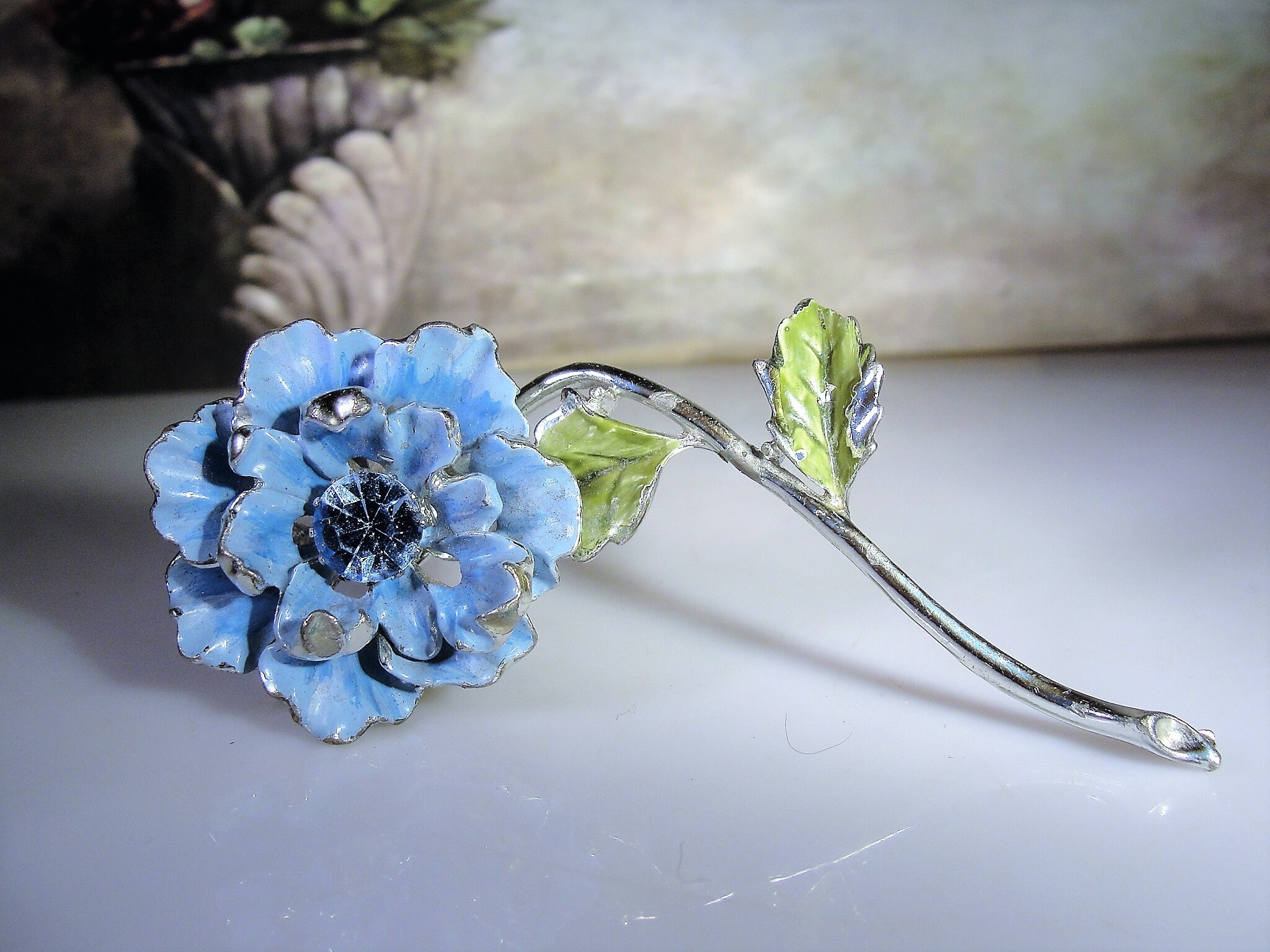 CORO Large Blue Flower Brooch, Rhinestone and Enamel Flower Brooch ...