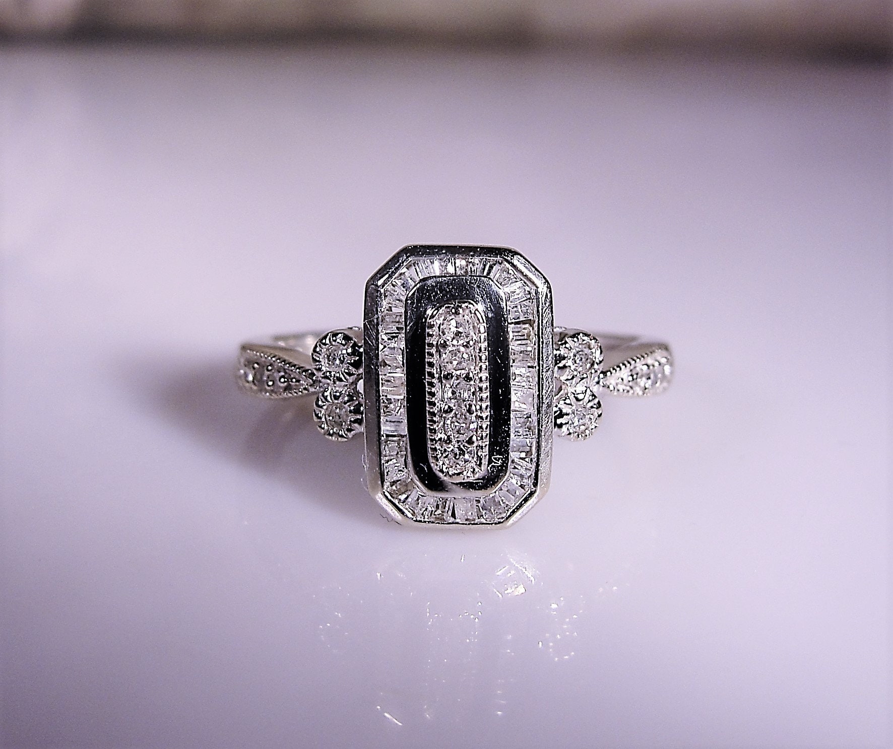 10K White Gold Art Deco Style Diamond Ring, Multi Stone Ring, Diamond ...