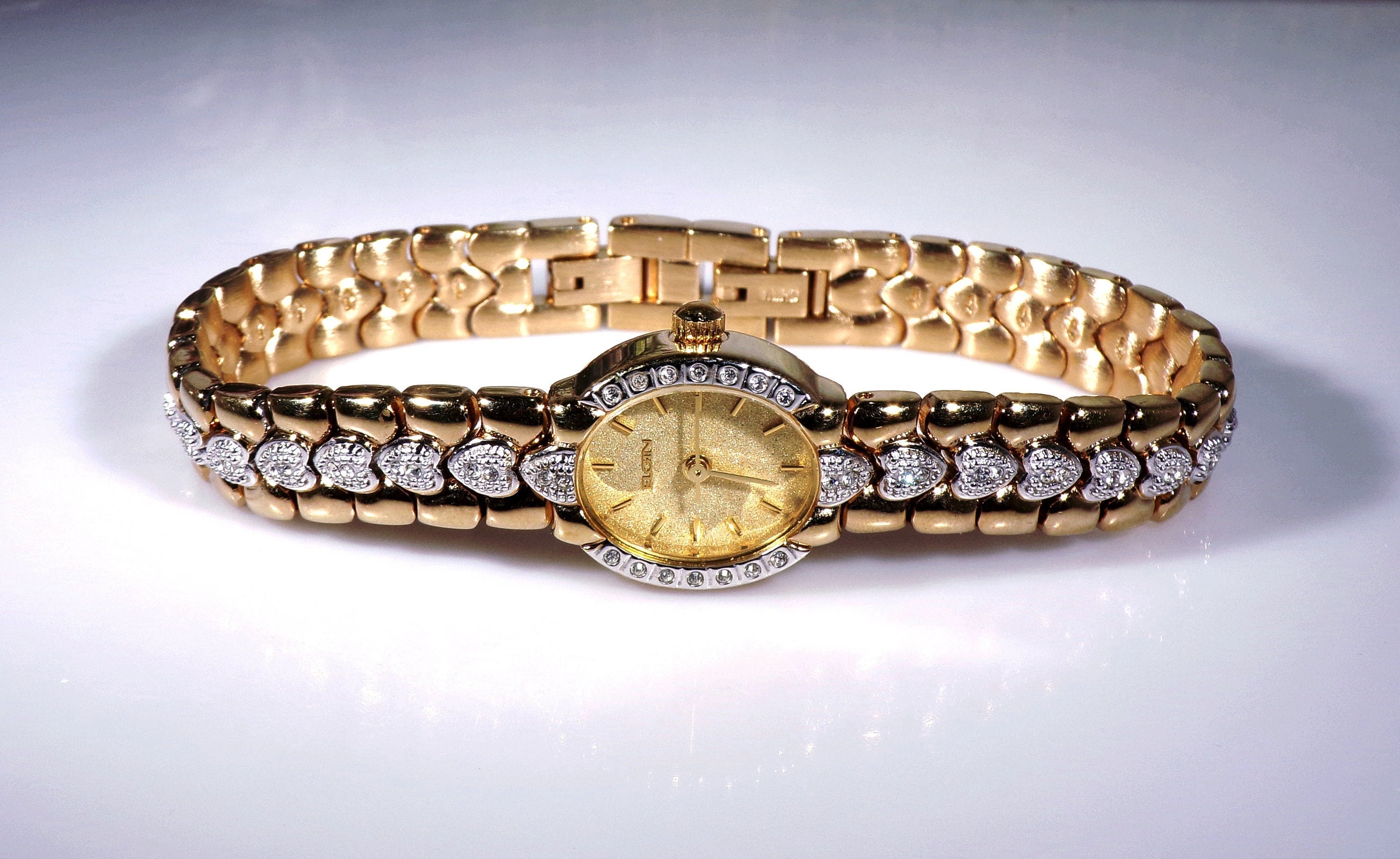 ELGIN Women’s Quartz Two Tone Gold Heart Watch with Bezel Set Clear ...