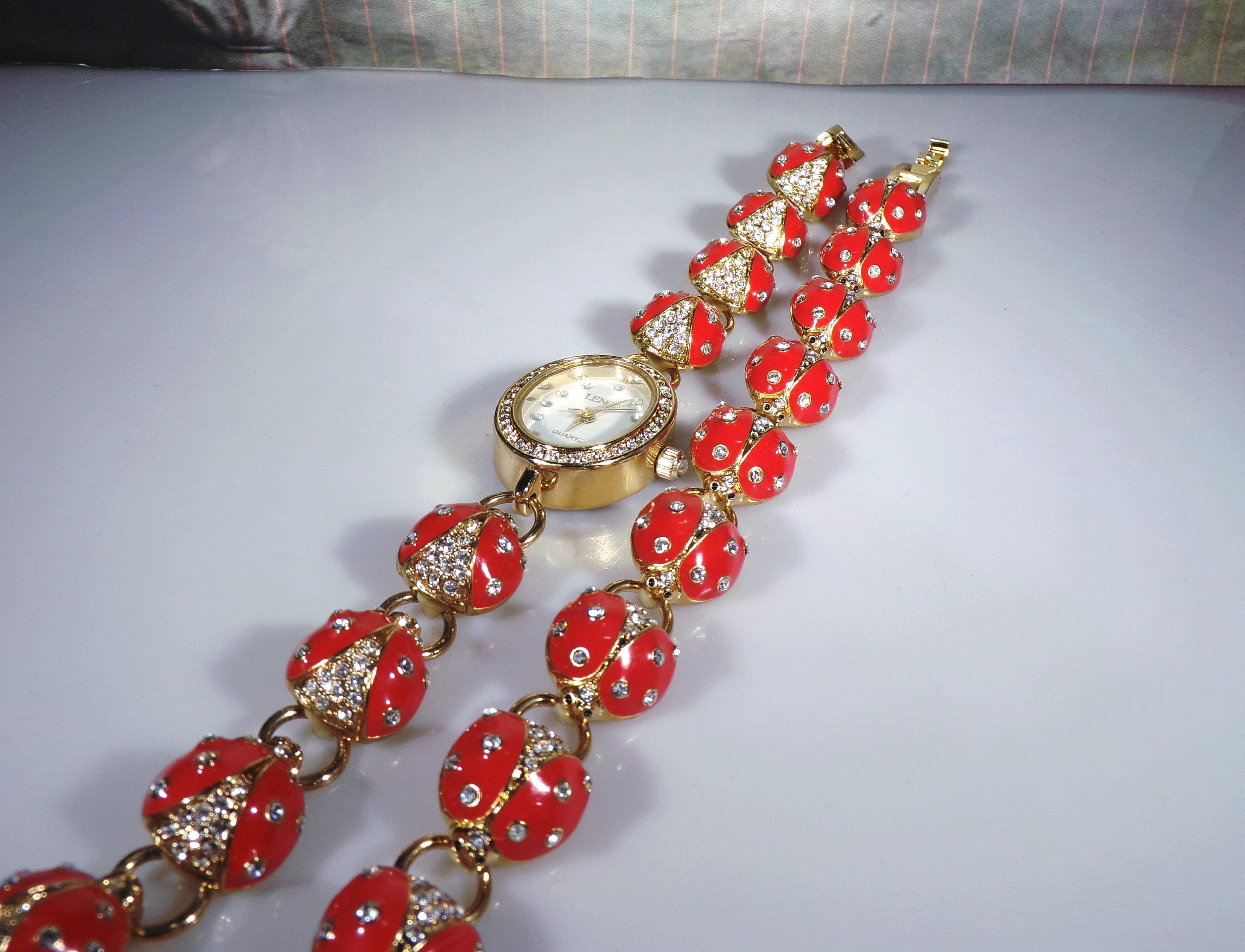 LENOX Red Enamel and Crystal Ladybug Wrist Watch with Matching Bracelet ...