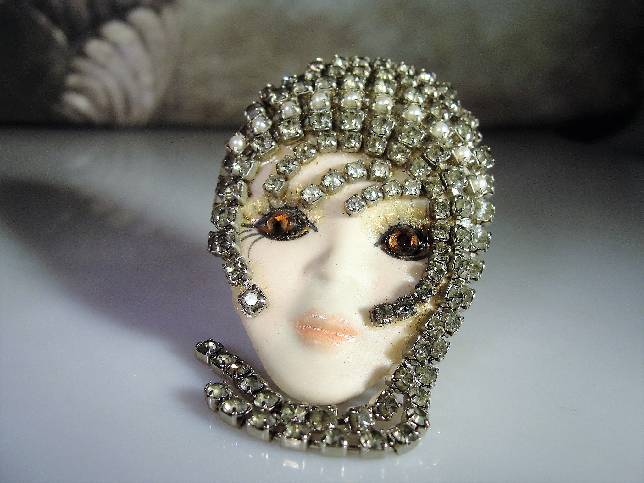 Porcelain Rhinestone Seed Pearl Flapper Face Brooch, JEAN DESIGN ...