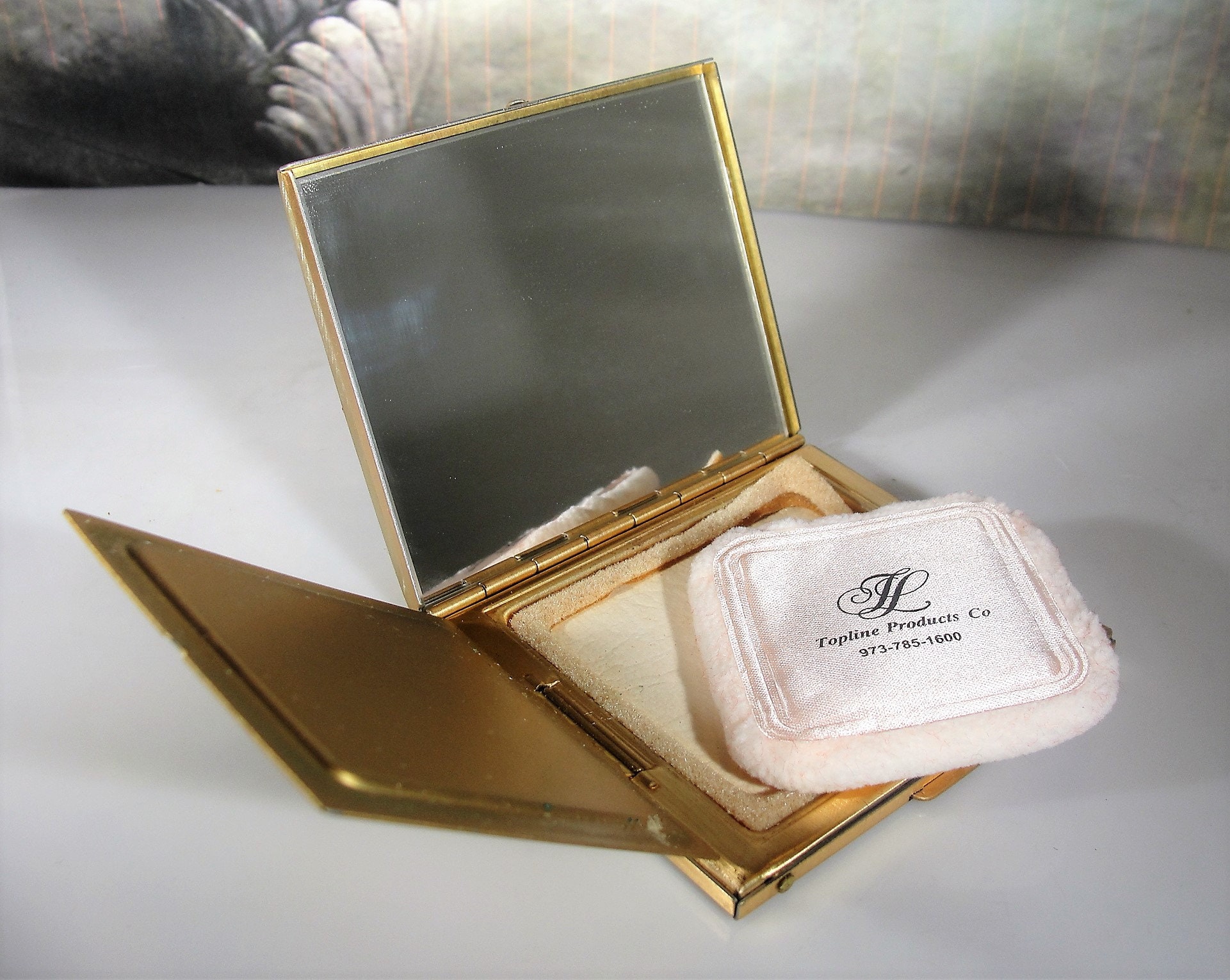 Powder Compact, Lucite Compact with Purple Embroidered Flowers & Hand ...
