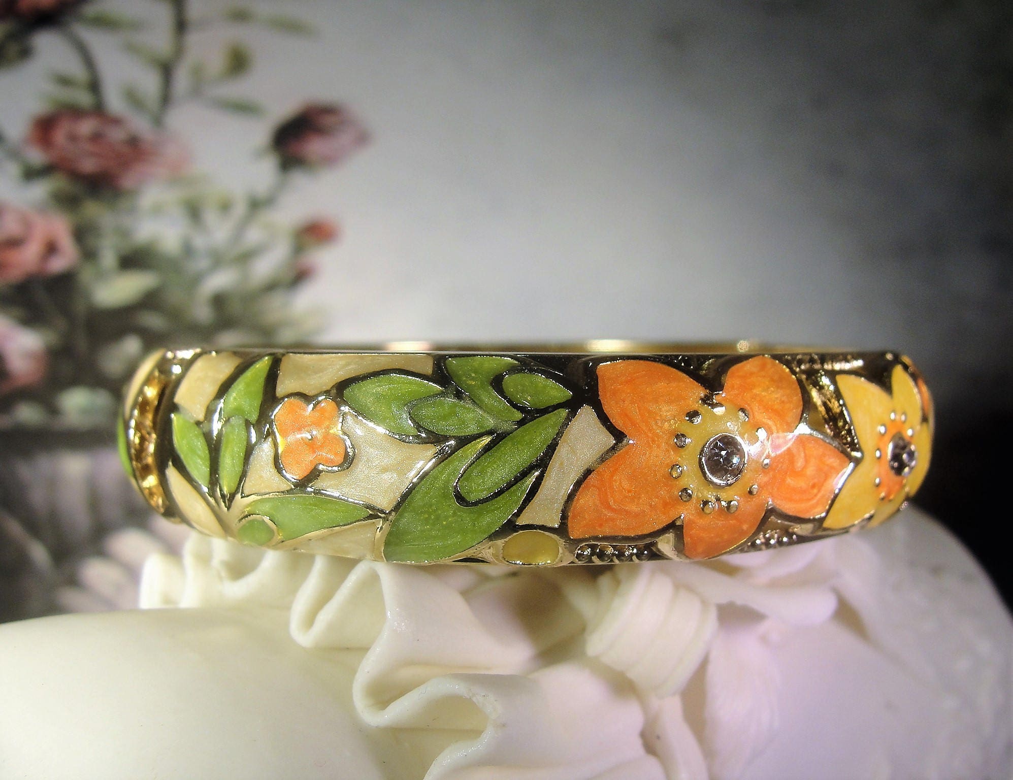 Vintage Jiu Long Xing Cloisonne Enamel Flower Bangle with Gold Gilt ...