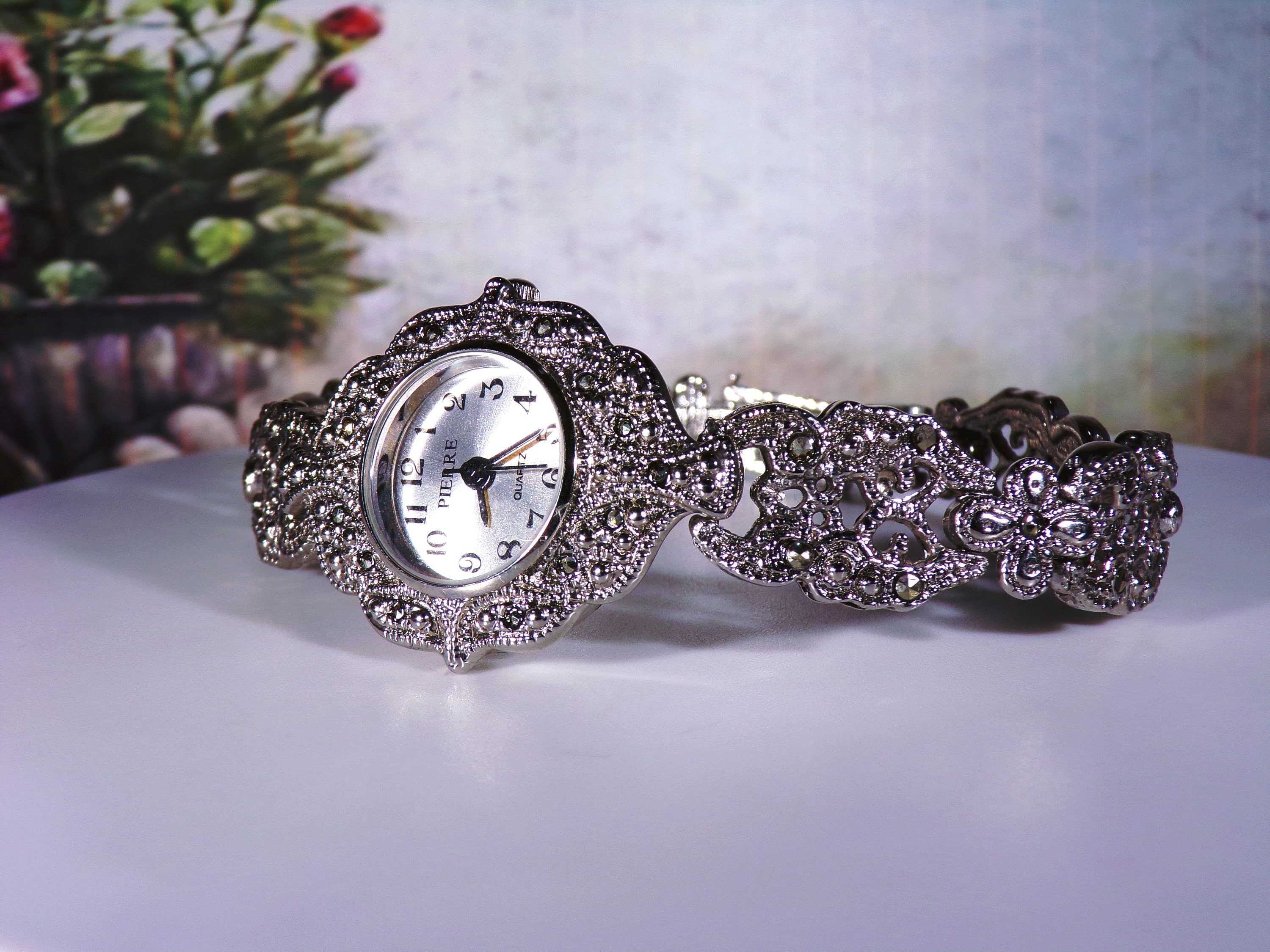 PIERRE Silver Marcasite Encrusted Open Metal Work Women’s Quartz Wrist ...