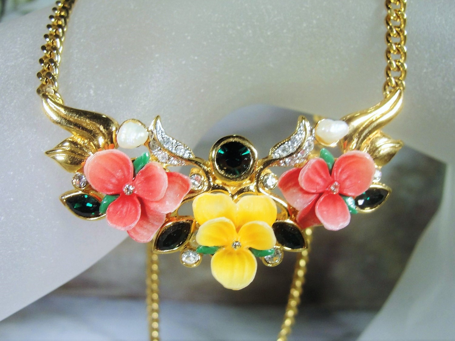 Lucite Flower Pendant Flower Necklace Pink Yellow Green Necklace