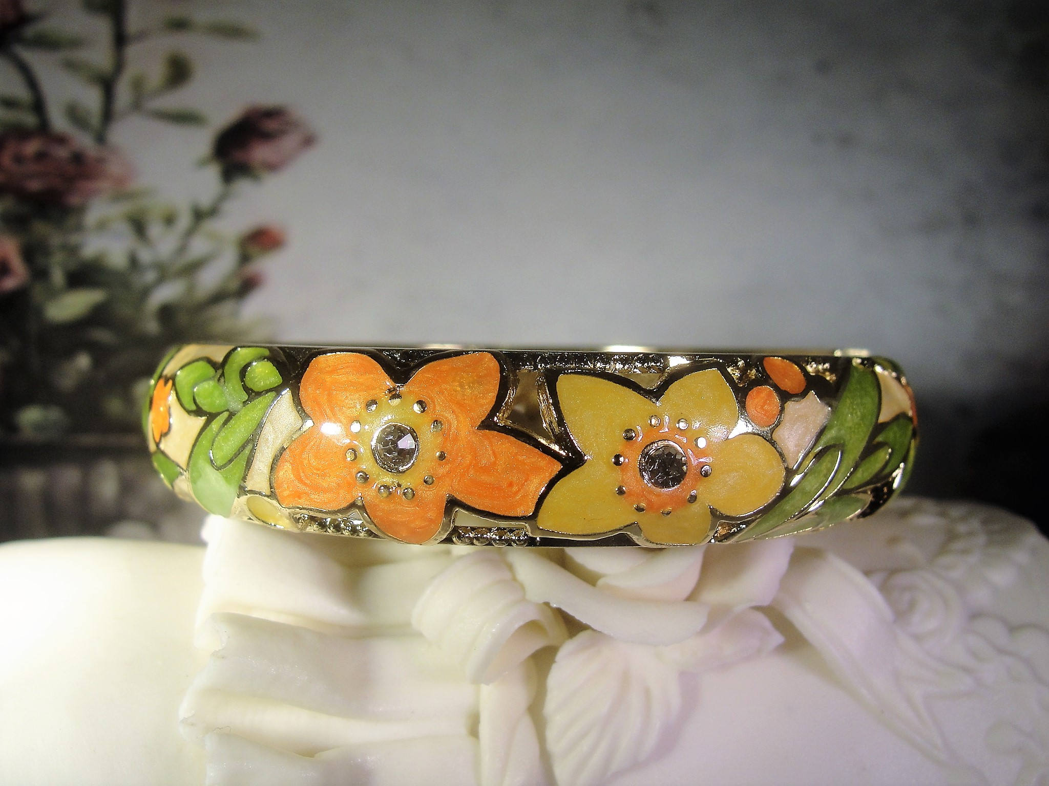Vintage Jiu Long Xing Cloisonne Enamel Flower Bangle with Gold Gilt ...