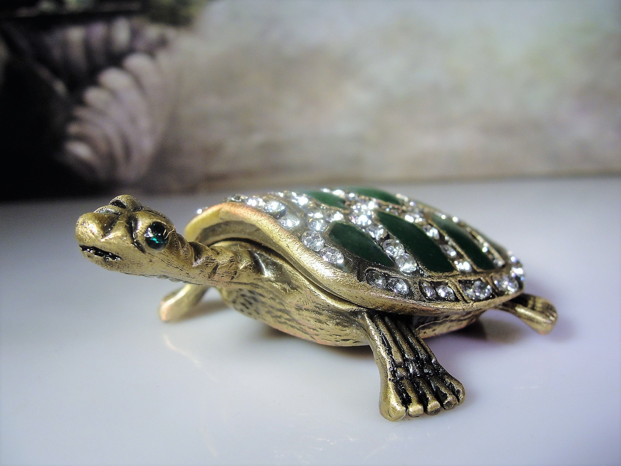 Rhinestone Turtle Trinket Box, Enamel Turtle, Turtle Trinket Box, Green ...