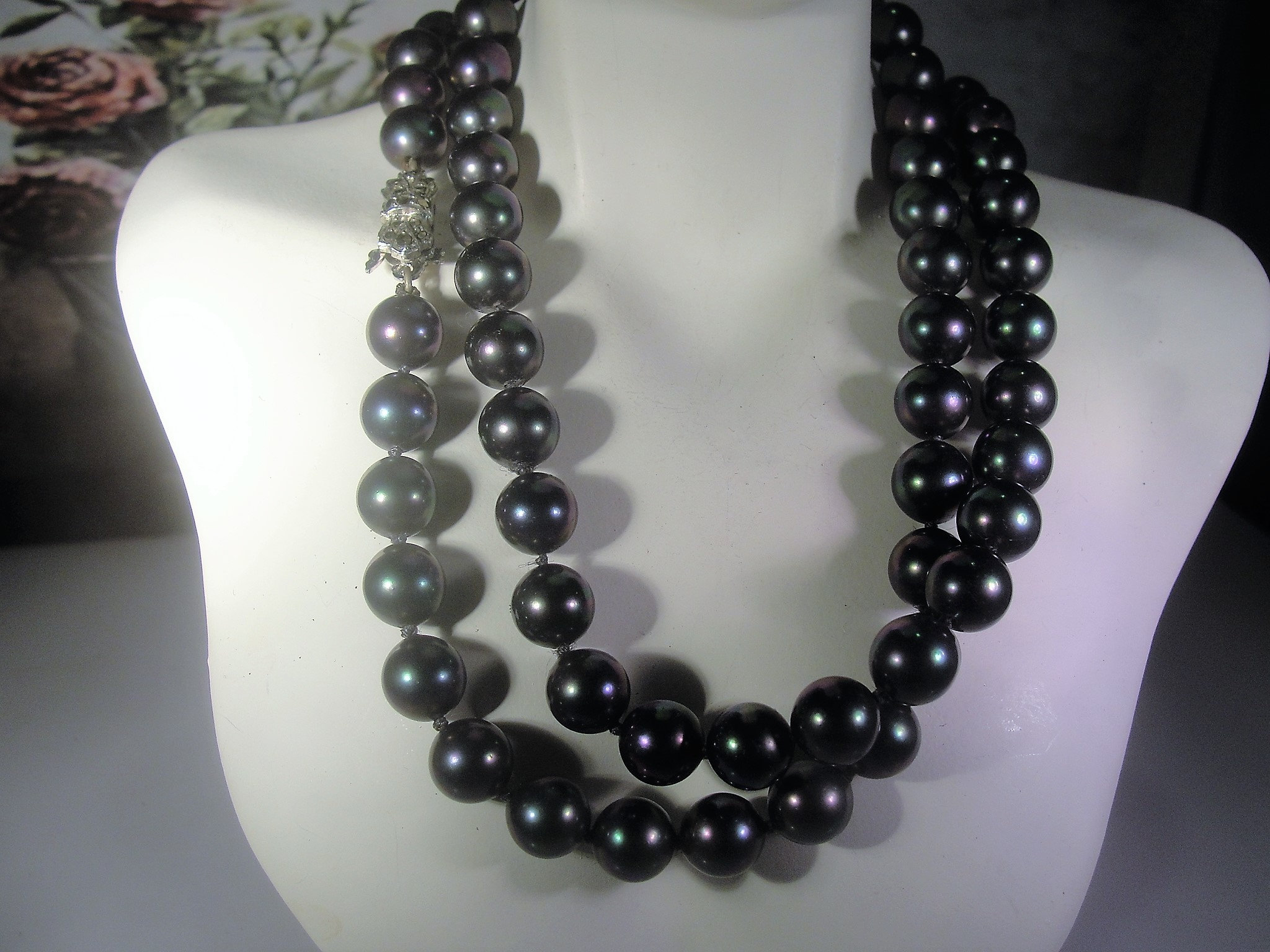 Black Pearl Necklace, Strand of Black Pearls, Marcasite Silver Clasp ...