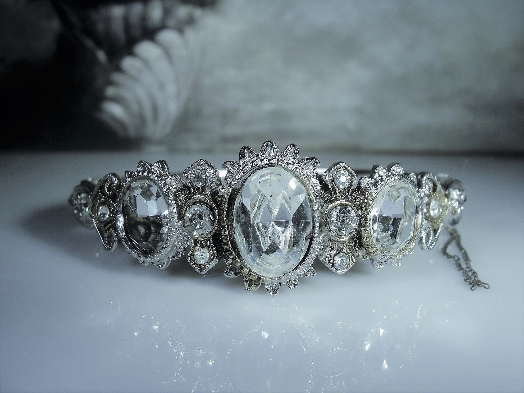 Victorian Style Rhinestone Silver Tone Bangle, Gold Foil Rhinestone ...