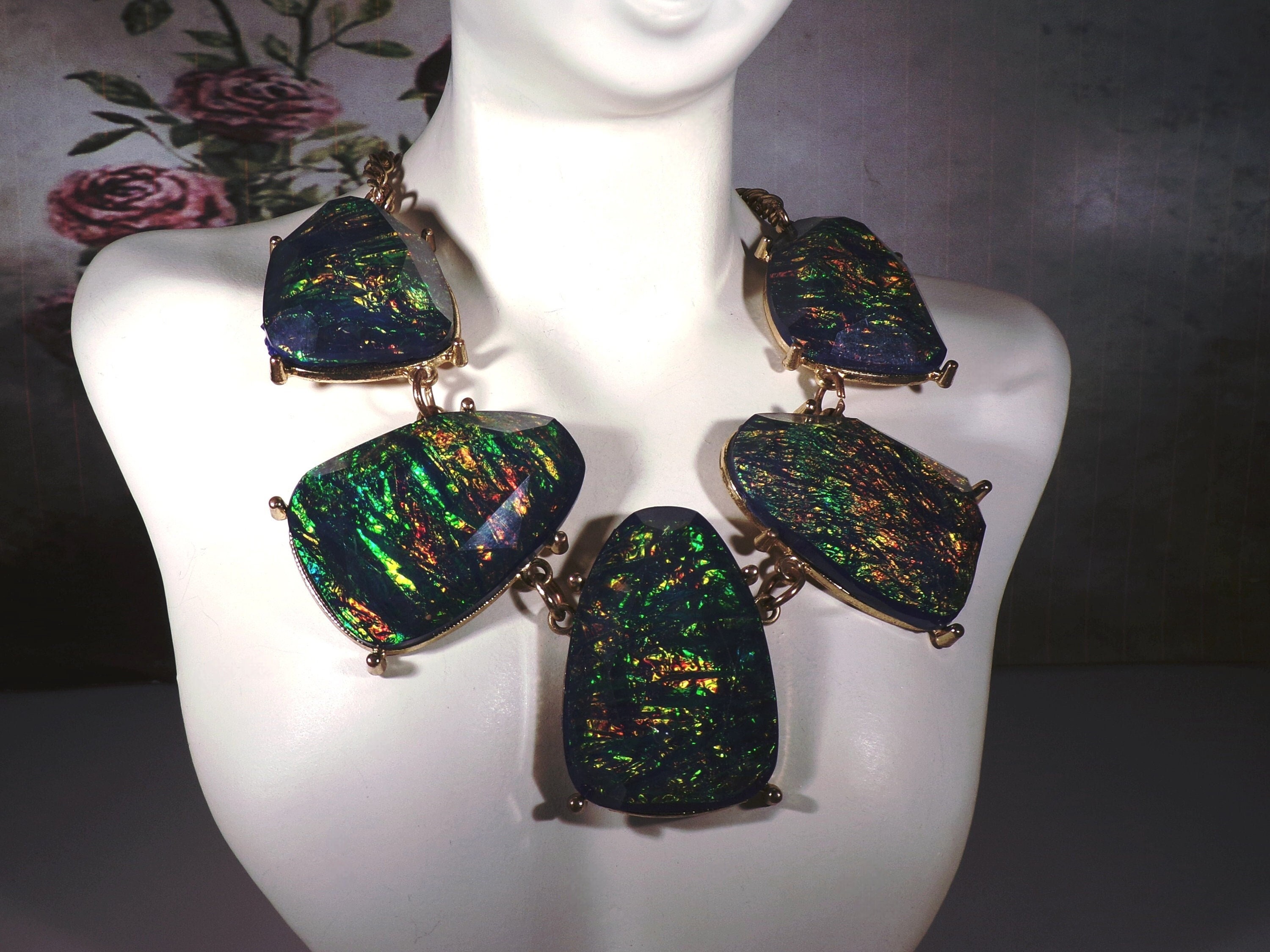 Etc! Multi Colored Large Cabochon Necklace, 5 Stone Choker, Vintage ...