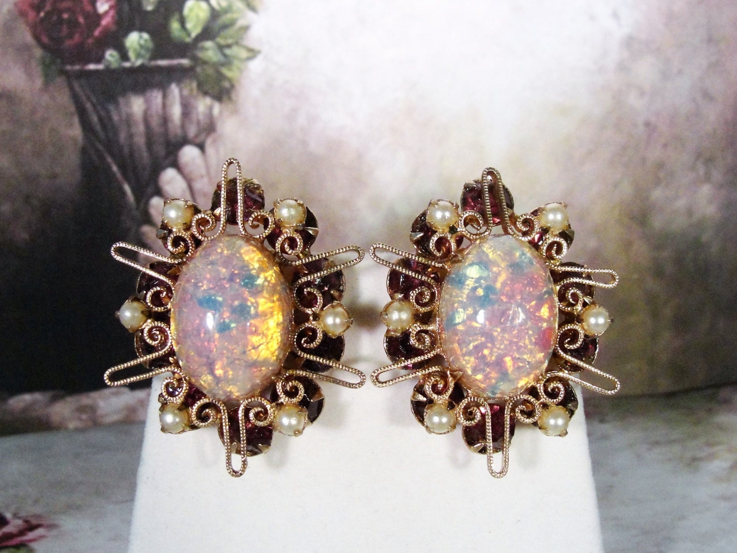 Victorian Jewelry Set, Pink Faux Opal Cabochons, Amethyst Rhinestones ...