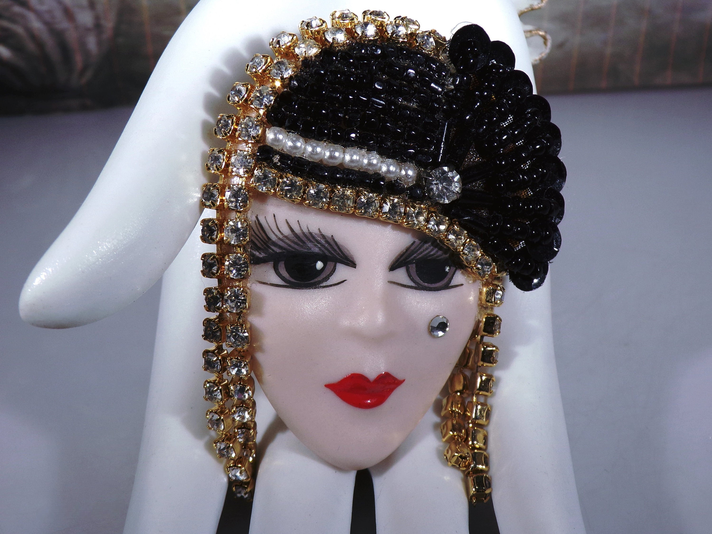 BEATRIZ Art Deco Flapper Girl Porcelain Swarovski Crystal Brooch, Hand ...