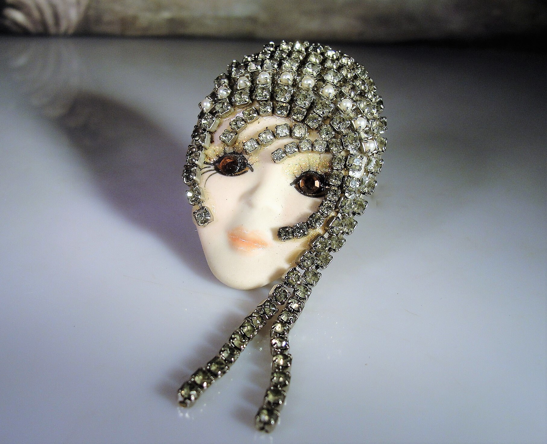 Porcelain Rhinestone Seed Pearl Flapper Face Brooch, JEAN DESIGN ...