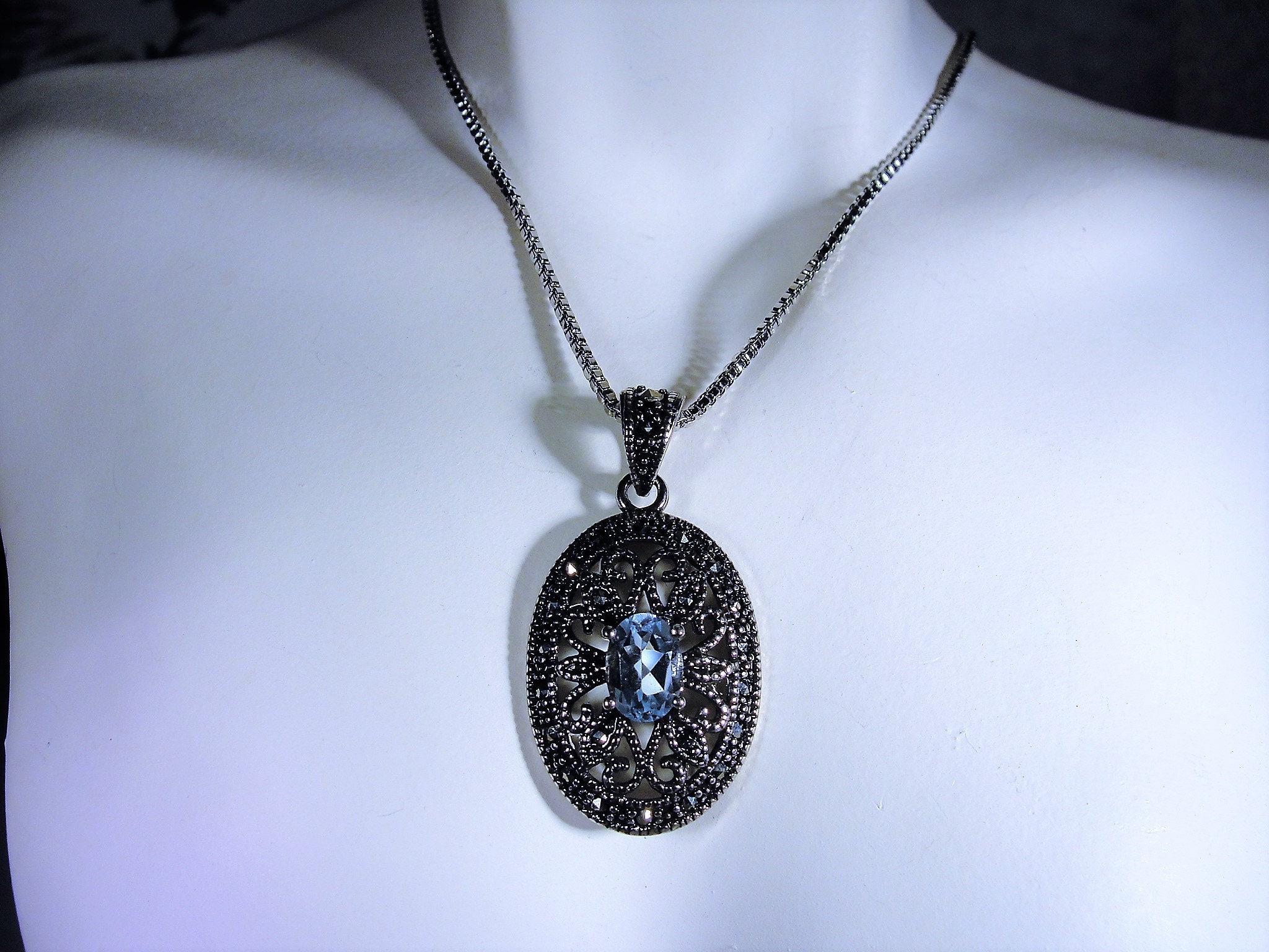 Aquamarine and Marcasite Silver Jewelry Set, Aquamarine Necklace ...