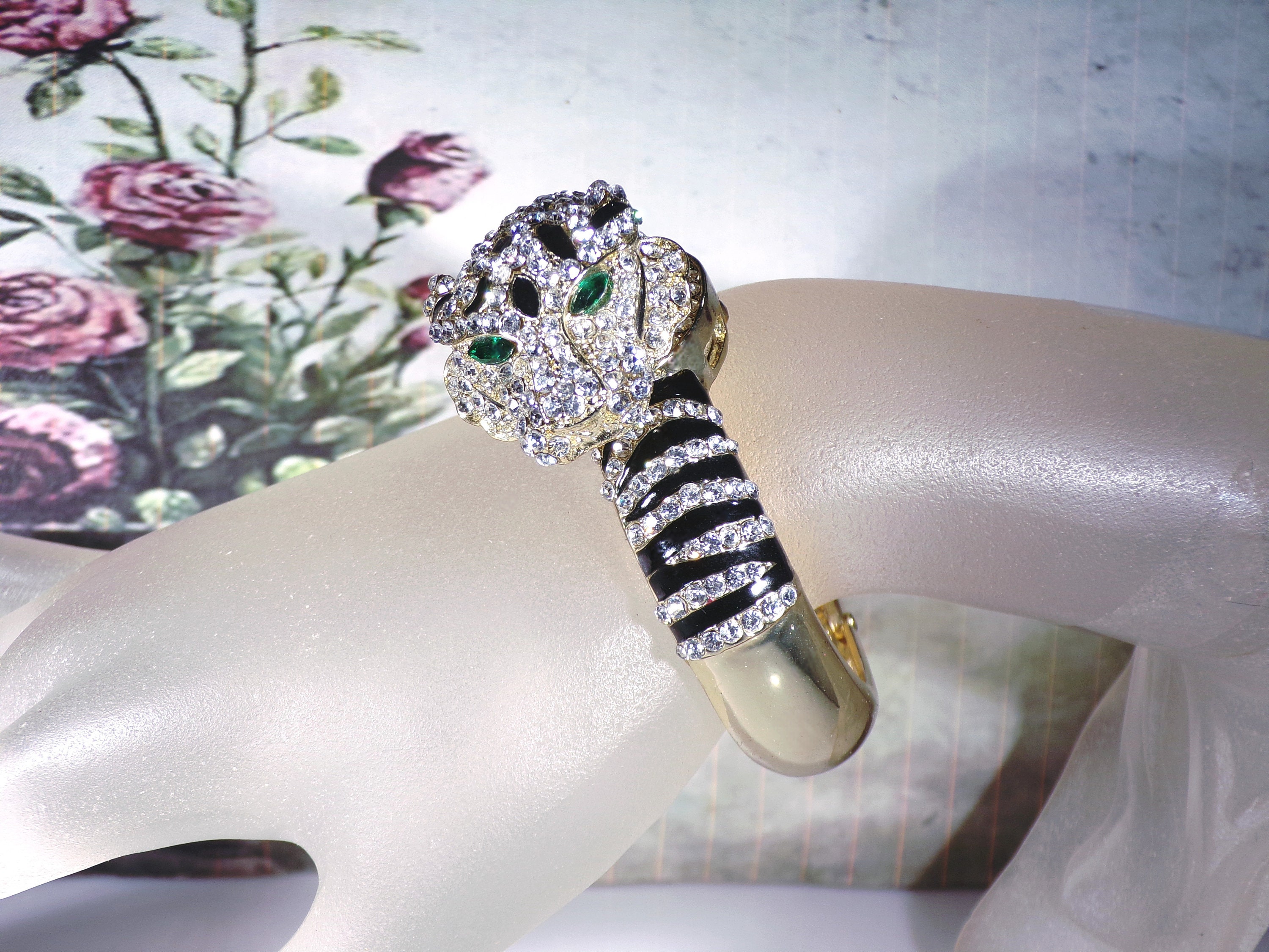 JESSICA CARLYLE Rhinestone and Enamel Tiger Bangle Wrist Watch, Couture ...