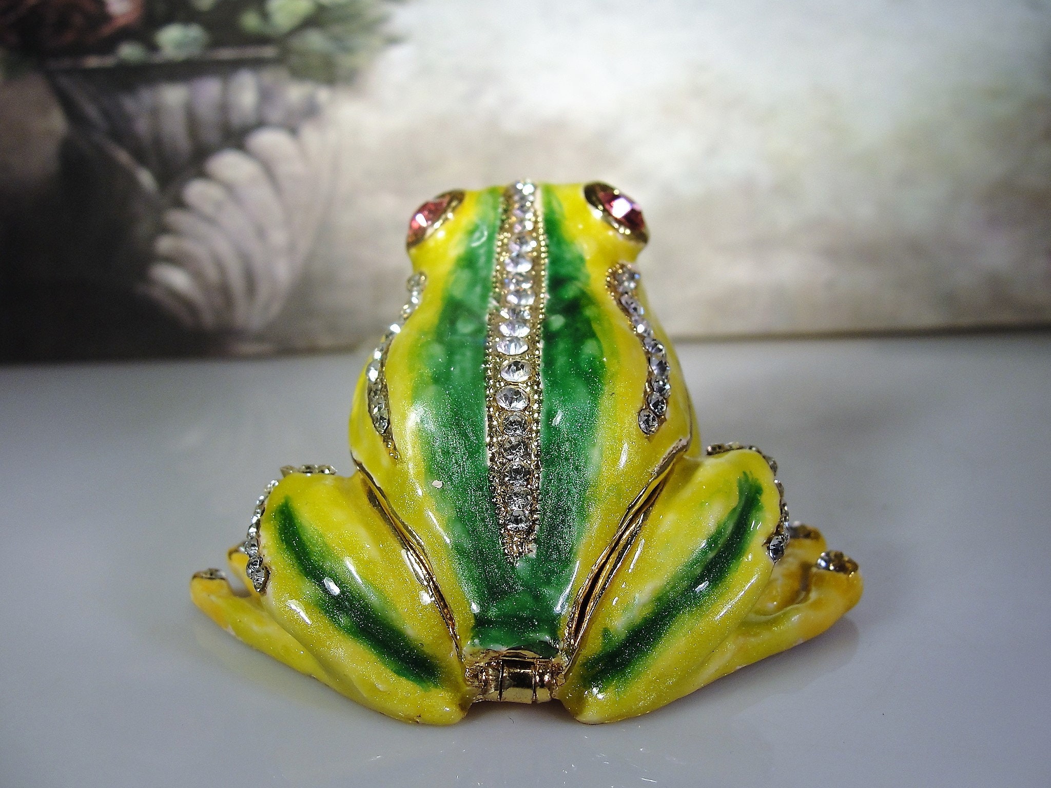 JERE Trinket Box, Frog Trinket Box, Rhinestone Encrusted Frog, Yellow ...