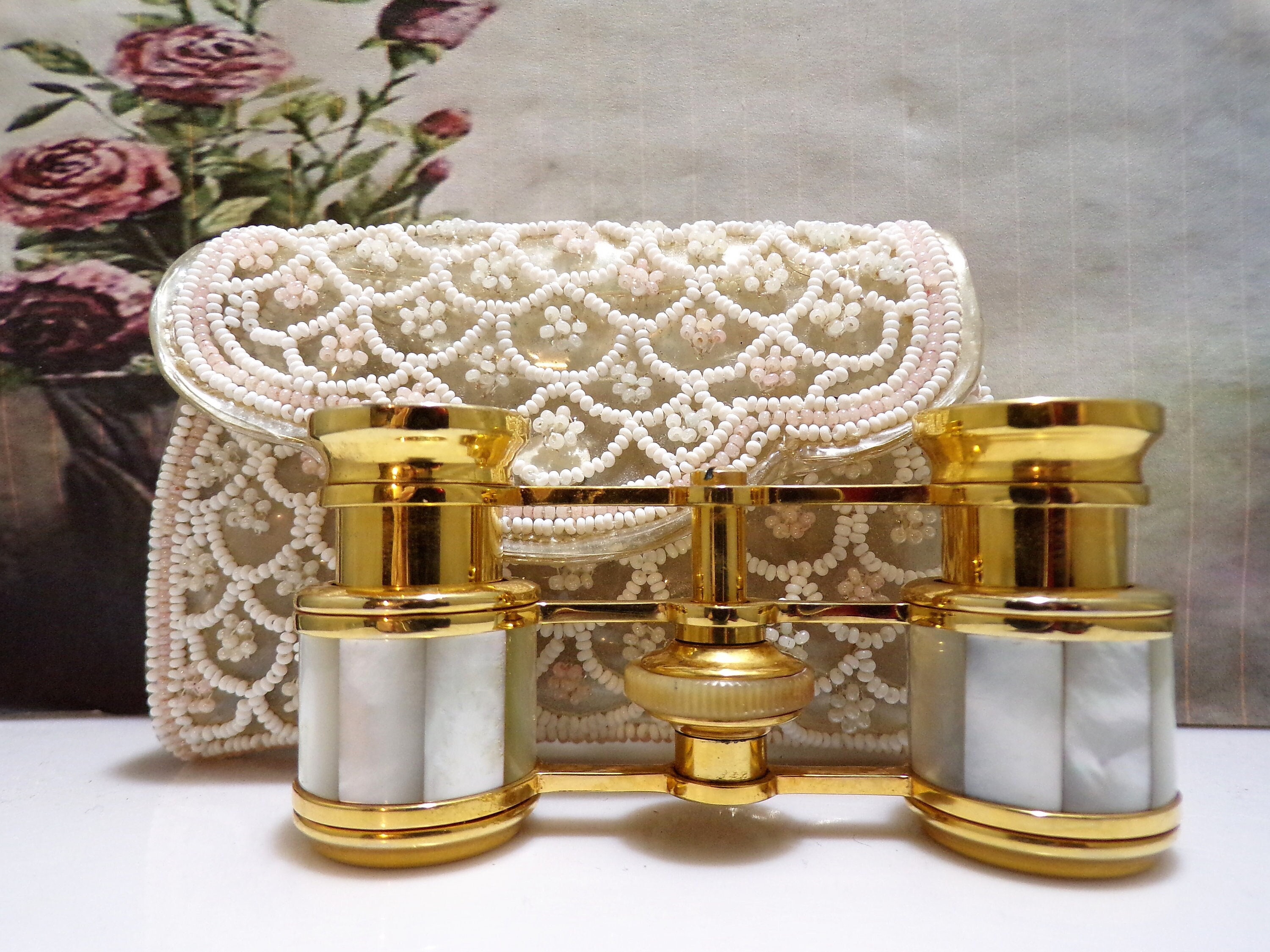 Opera Glasses, French Mother of Pearl Mini Opera Glasses with a Beaded ...