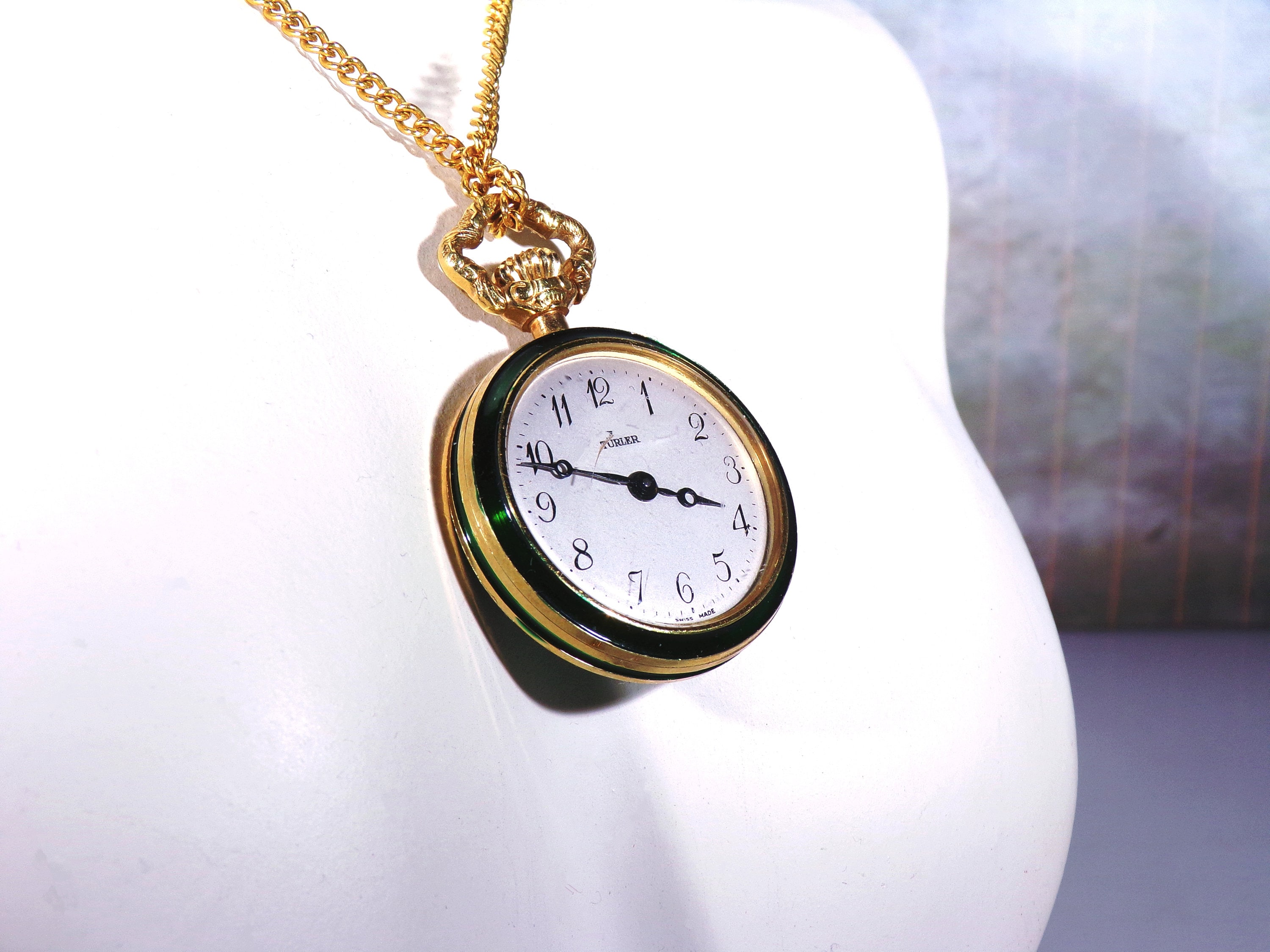 TURLER Swiss Mechanical Pendant Watch, Green Enamel and Gold Gild ...