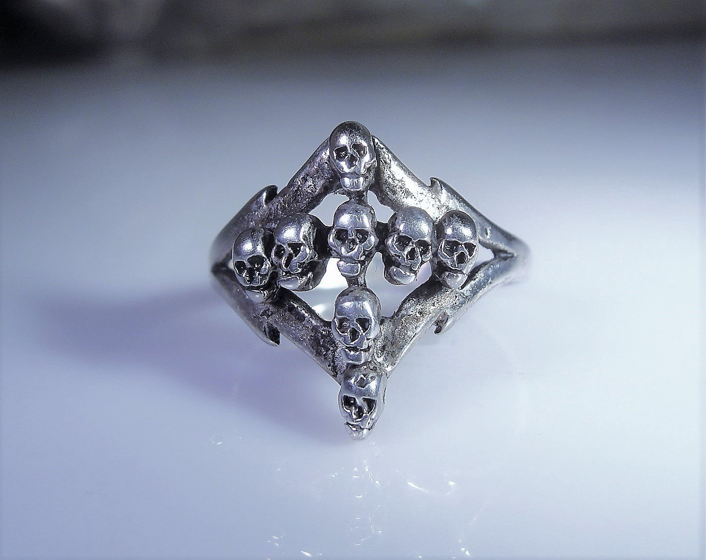 Gothic “Skulls On Cross” Sterling Silver Ring, Creepy Goth Ring, Skull ...