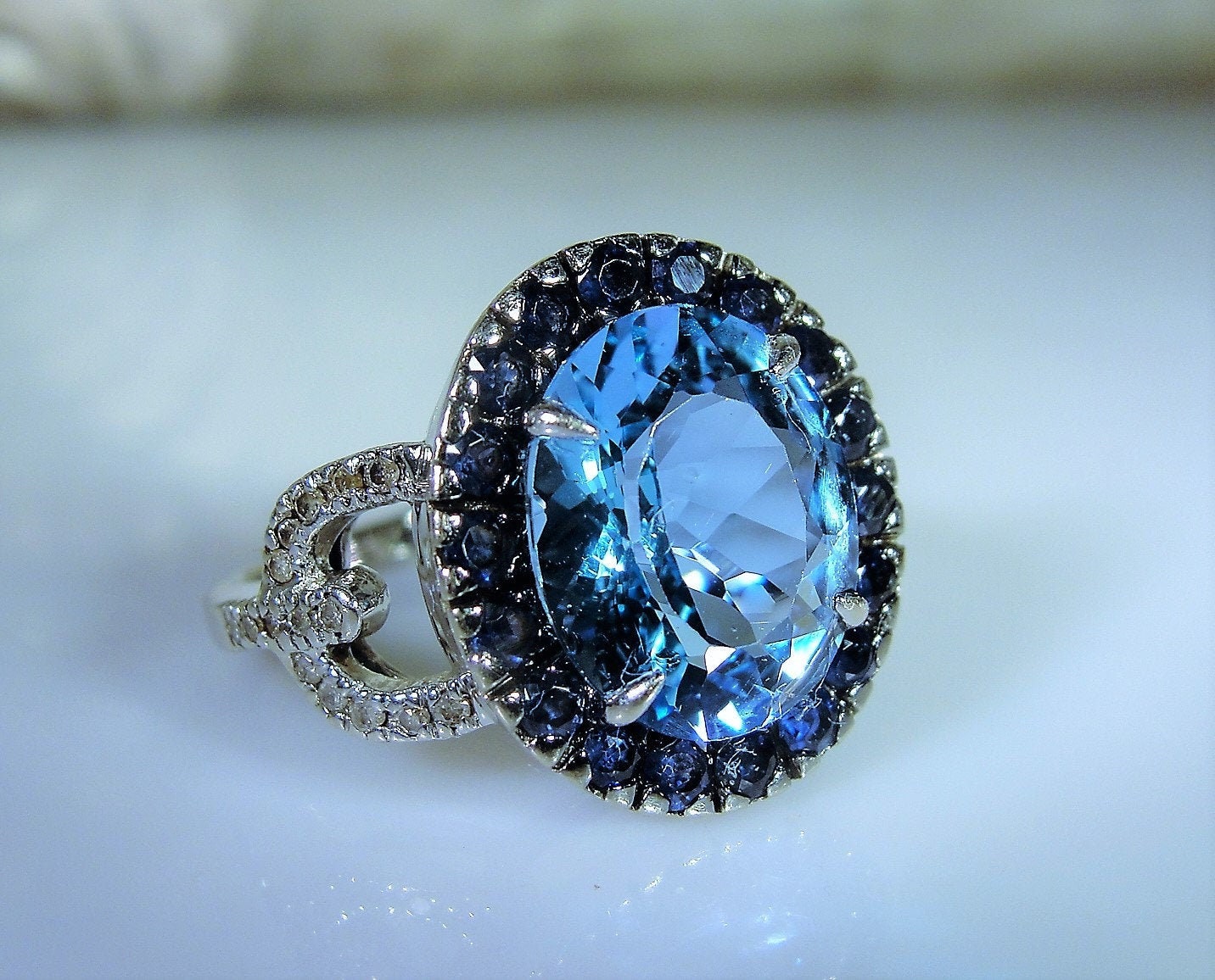 Topaz Ring, 10K White Gold Topaz Ring, Multi Gem Ring, Swiss Blue Topaz ...