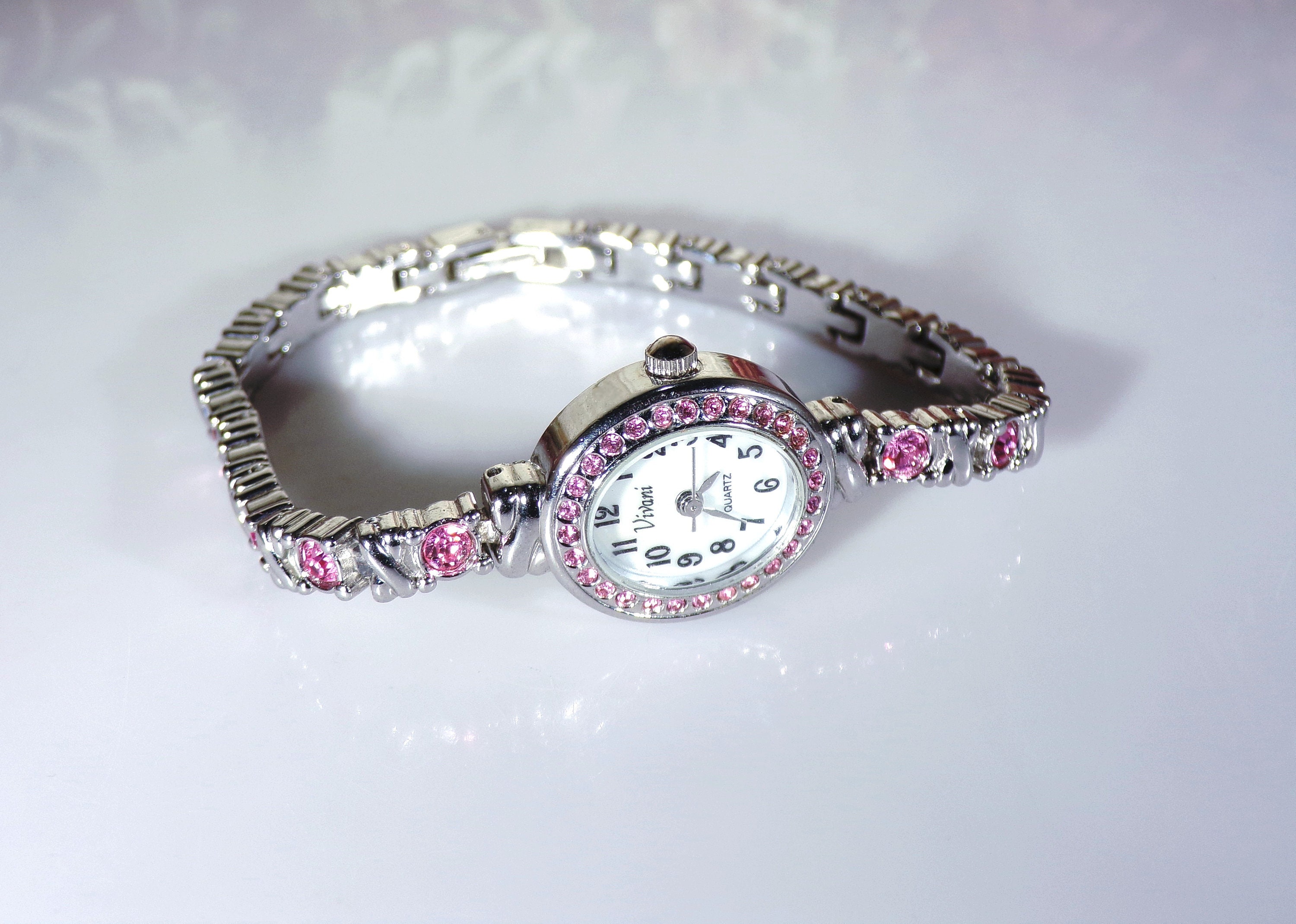VIVANI Women’s Wrist Watch, Pink Rhinestone Watch with White Gold ...