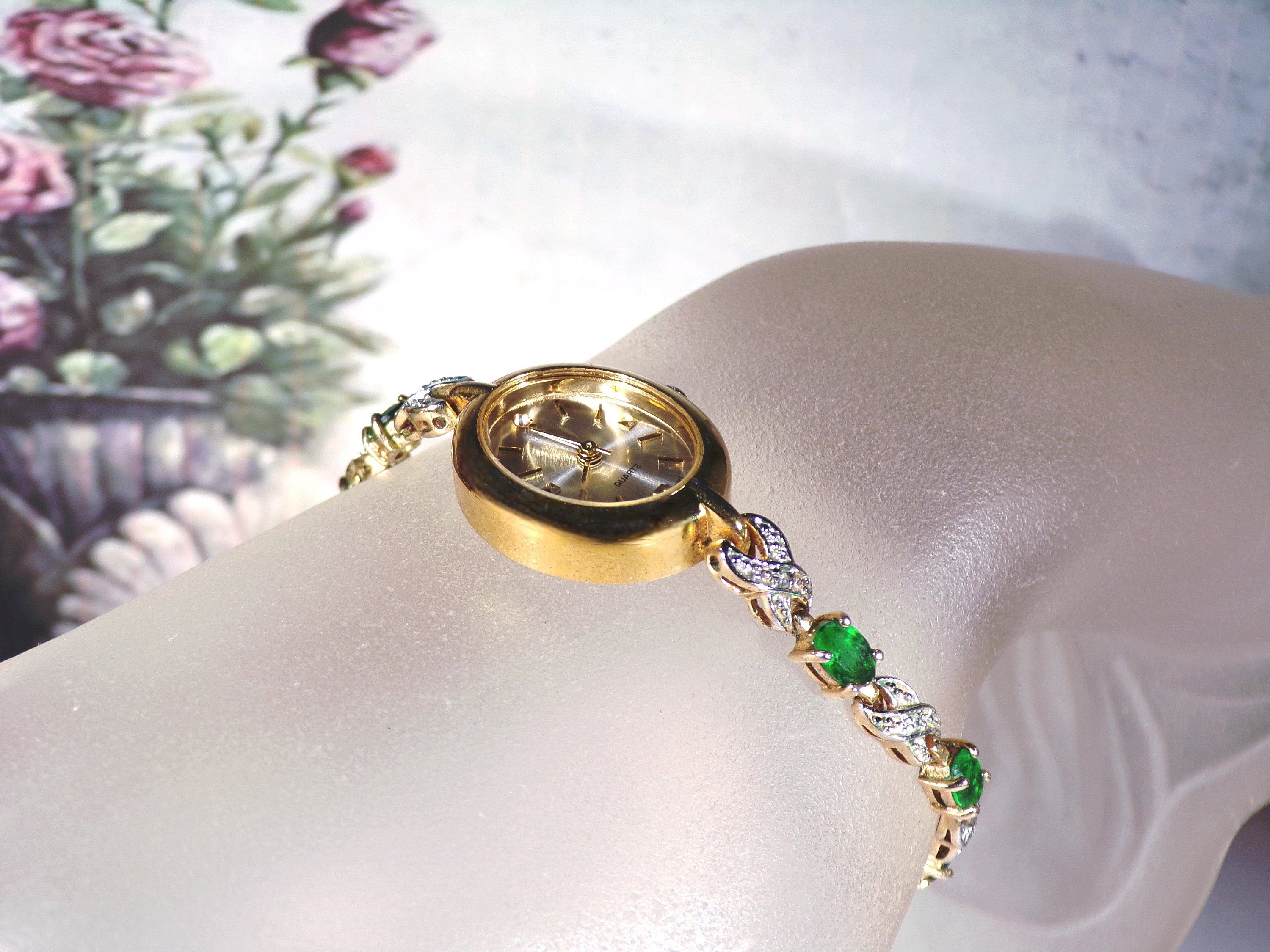 Women’s Wrist Watch, Vintage Green Emerald Quartz and Diamond Wrist ...