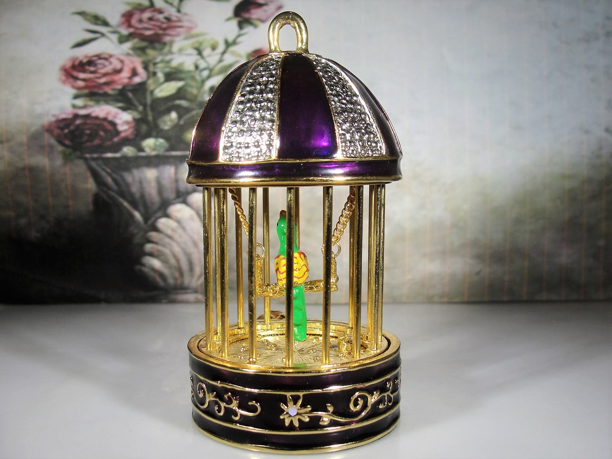 ELGIN Miniature Clock, Purple Enamel and Rhinestone Parakeet Birdcage ...