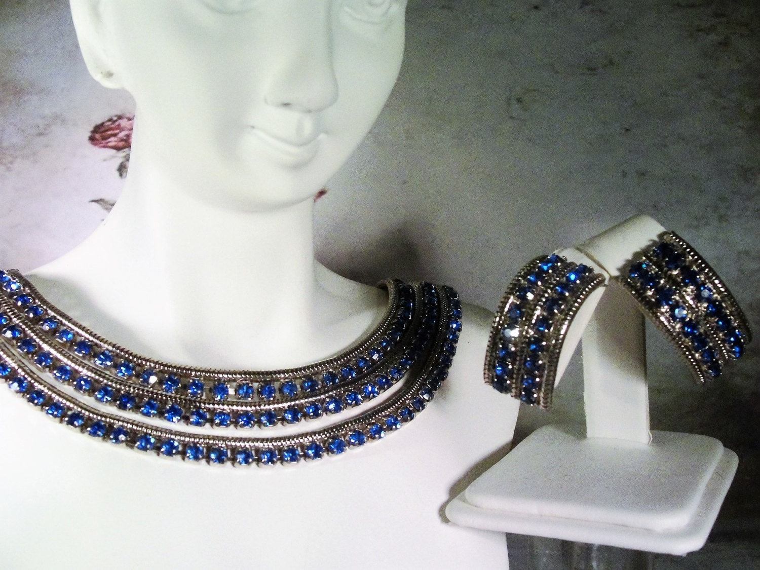 KRAMER Jewelry Set, Blue Rhinestone Set, Necklace & Earrings Set ...