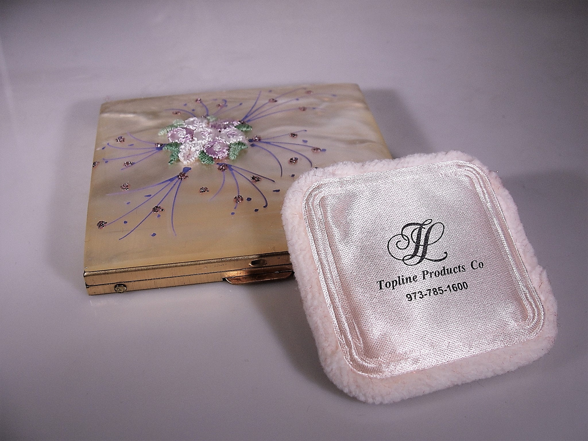 Powder Compact, Lucite Compact with Purple Embroidered Flowers & Hand ...