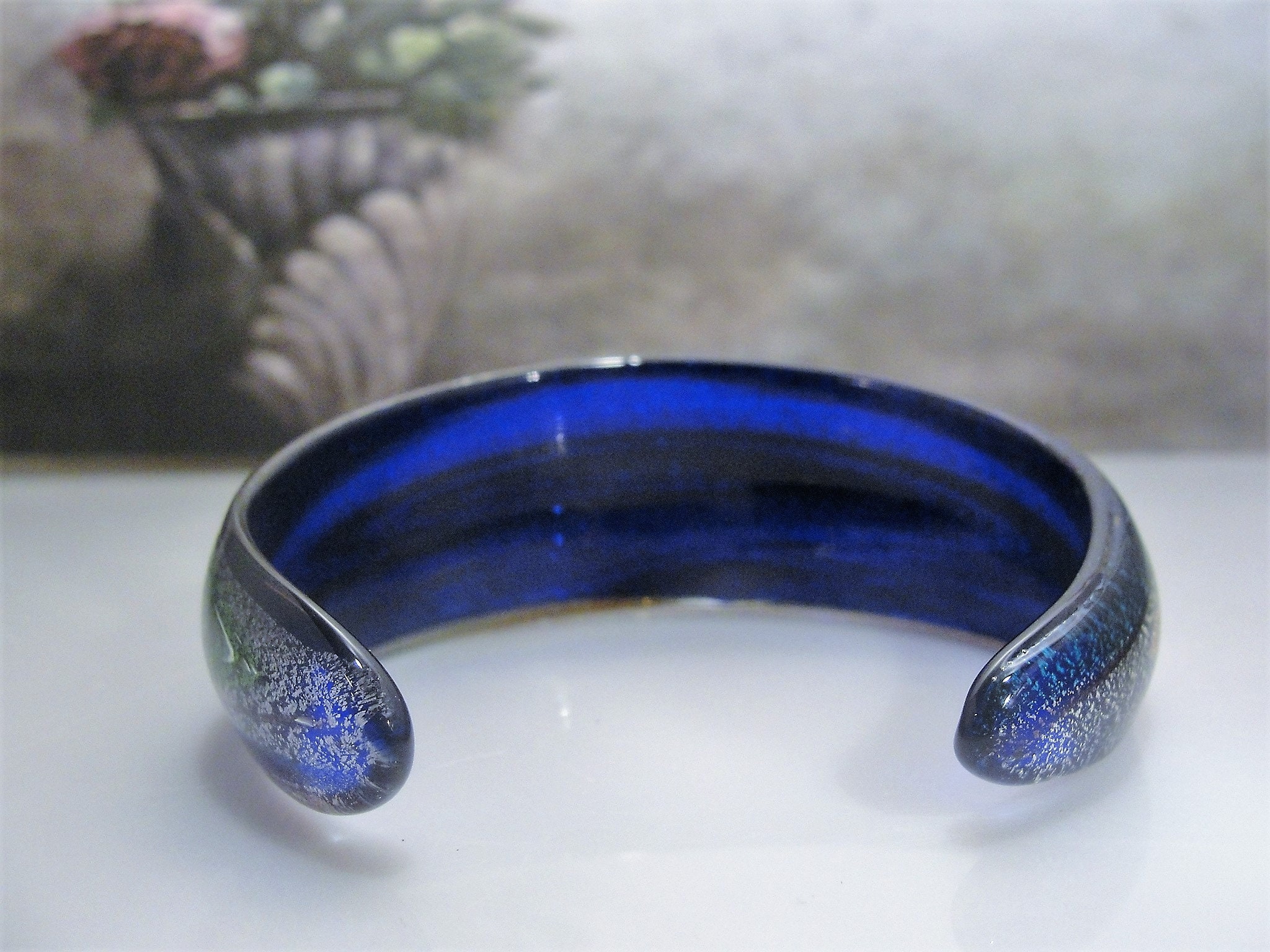 Cuff Bangle, Vintage Glittery Blue Art Glass Cuff Style Bangle Bracelet