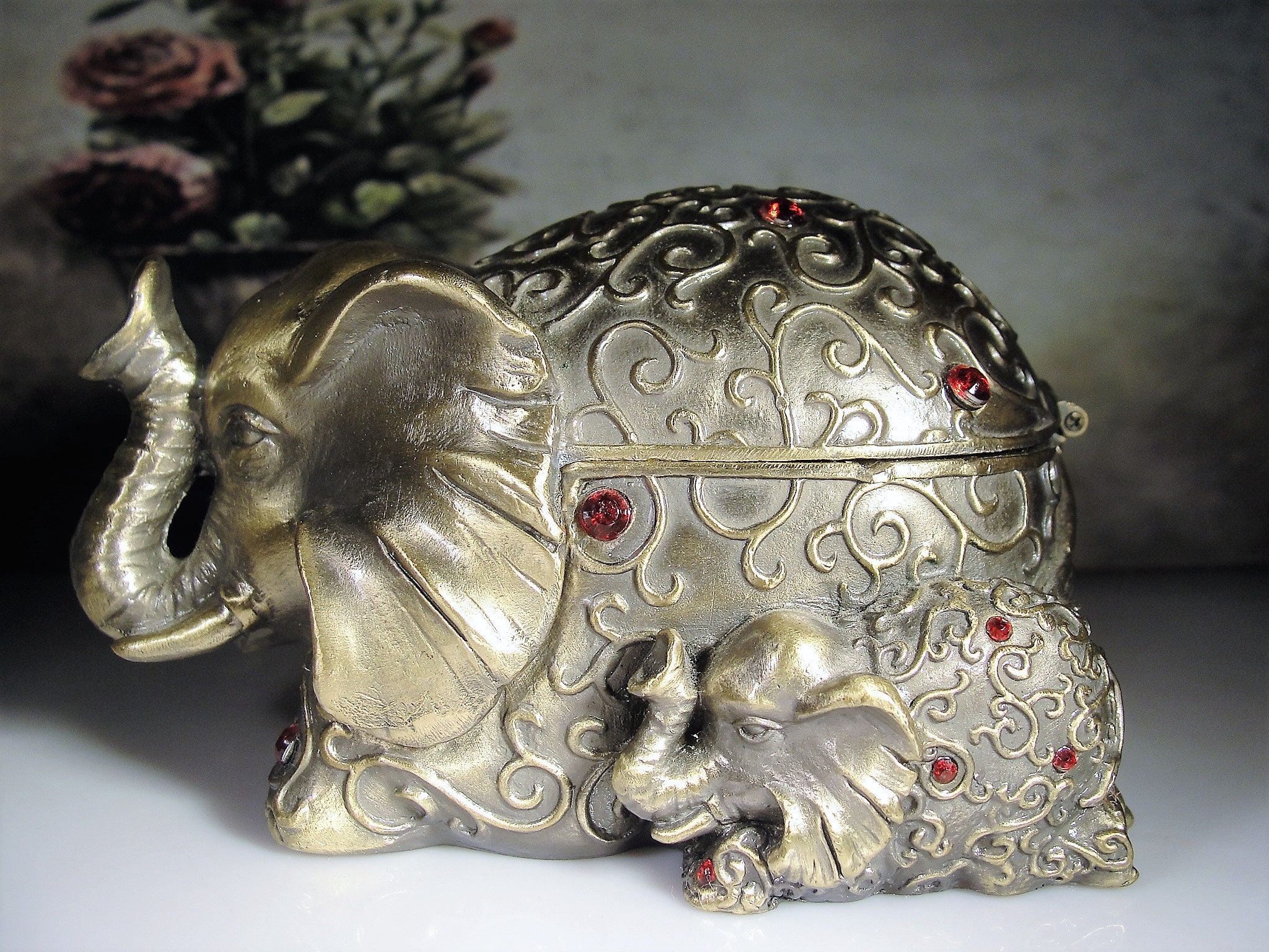 BOMBAY COMPANY, Brass Elephant Trinket Box, Rhinestone Encrusted ...