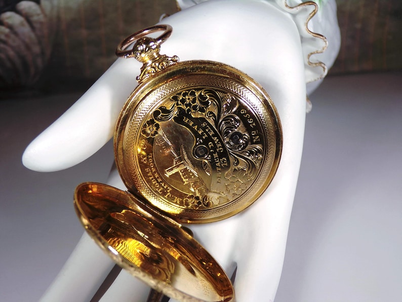 Antique 18K Yellow Gold Pocket Watch: Hand Engraved Dial, Key Wind ...