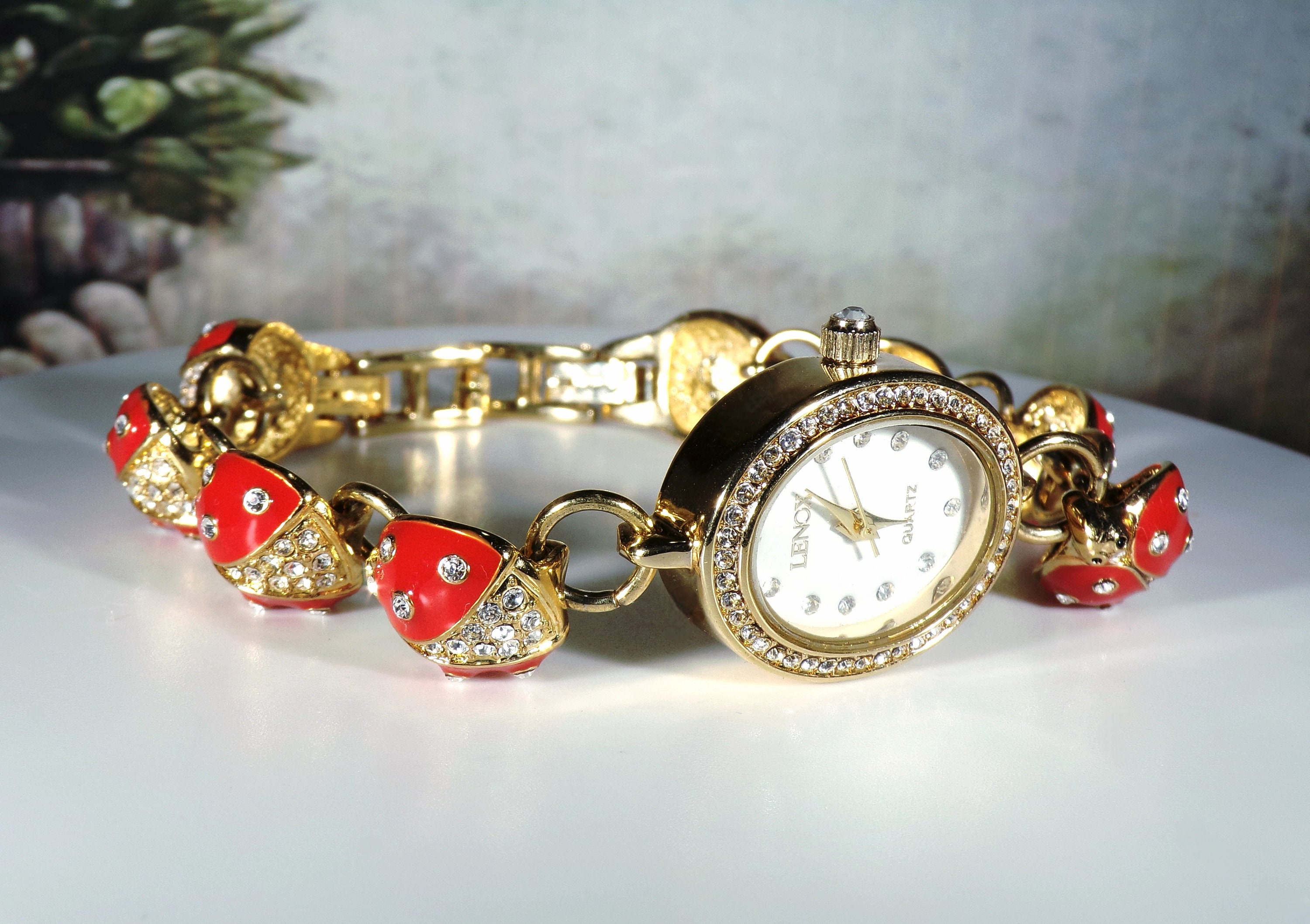 LENOX Red Enamel and Crystal Ladybug Wrist Watch with Matching Bracelet ...