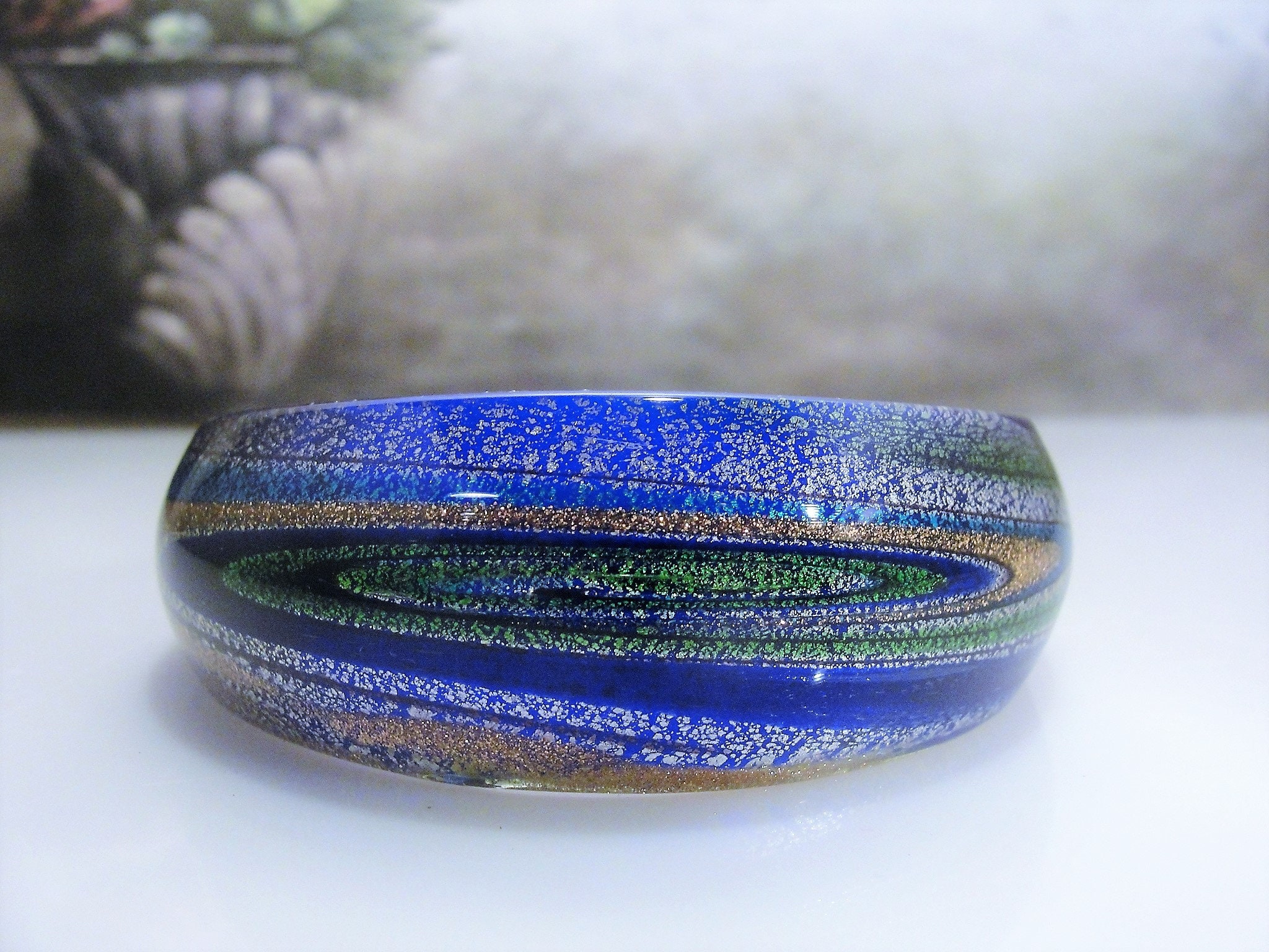 Cuff Bangle, Vintage Glittery Blue Art Glass Cuff Style Bangle Bracelet