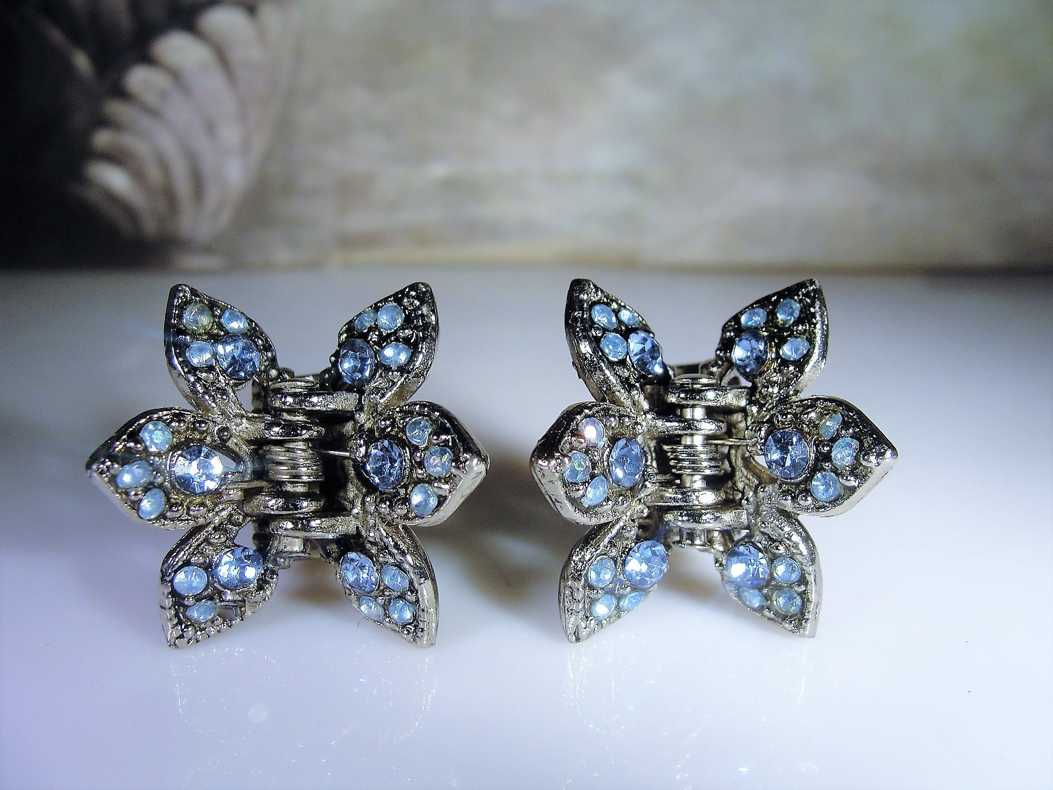 One Pair of Blue Rhinestone Silver Tone Mini Hair Claws, Butterfly Hair ...