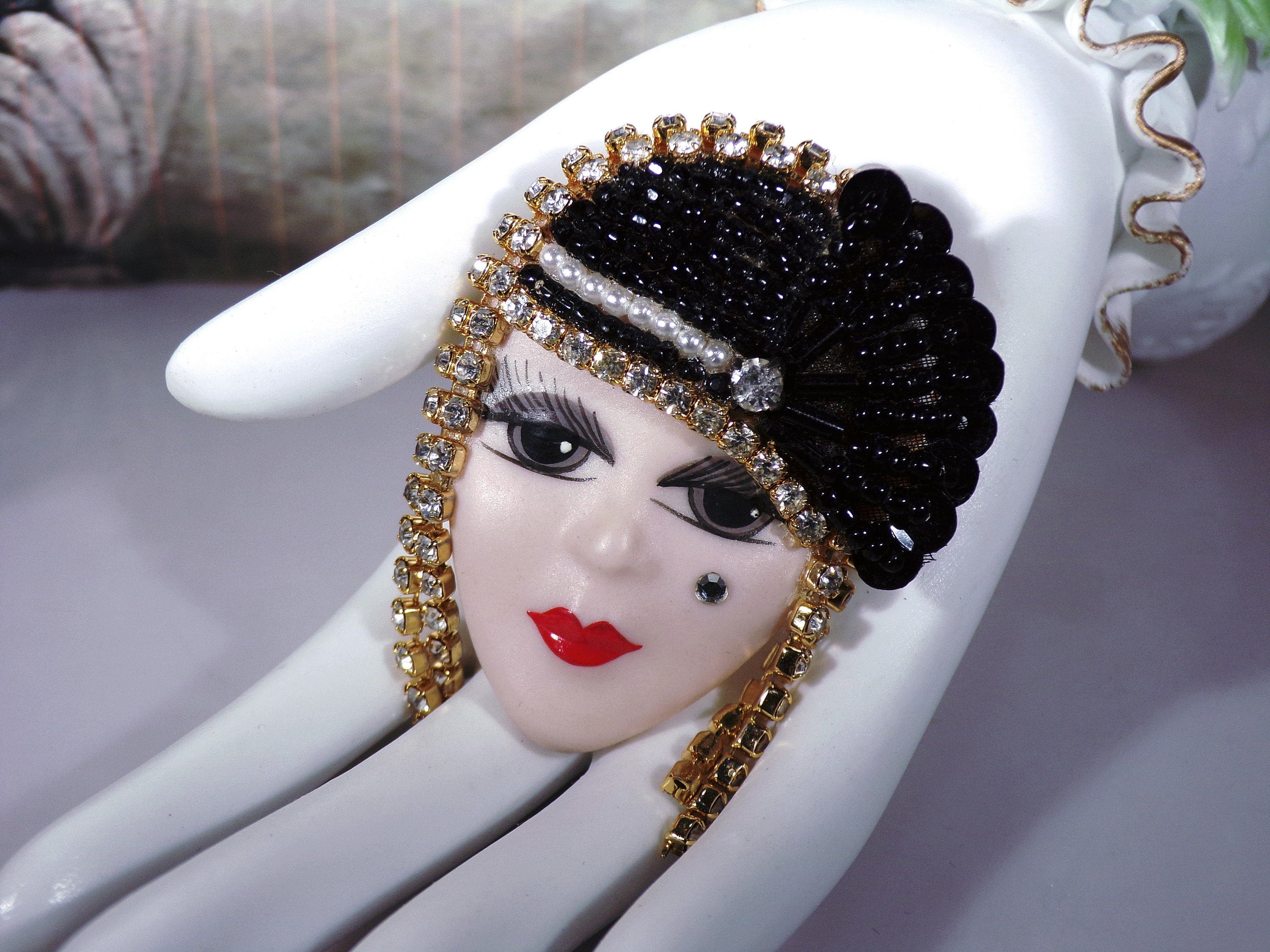 BEATRIZ Art Deco Flapper Girl Porcelain Swarovski Crystal Brooch, Hand ...
