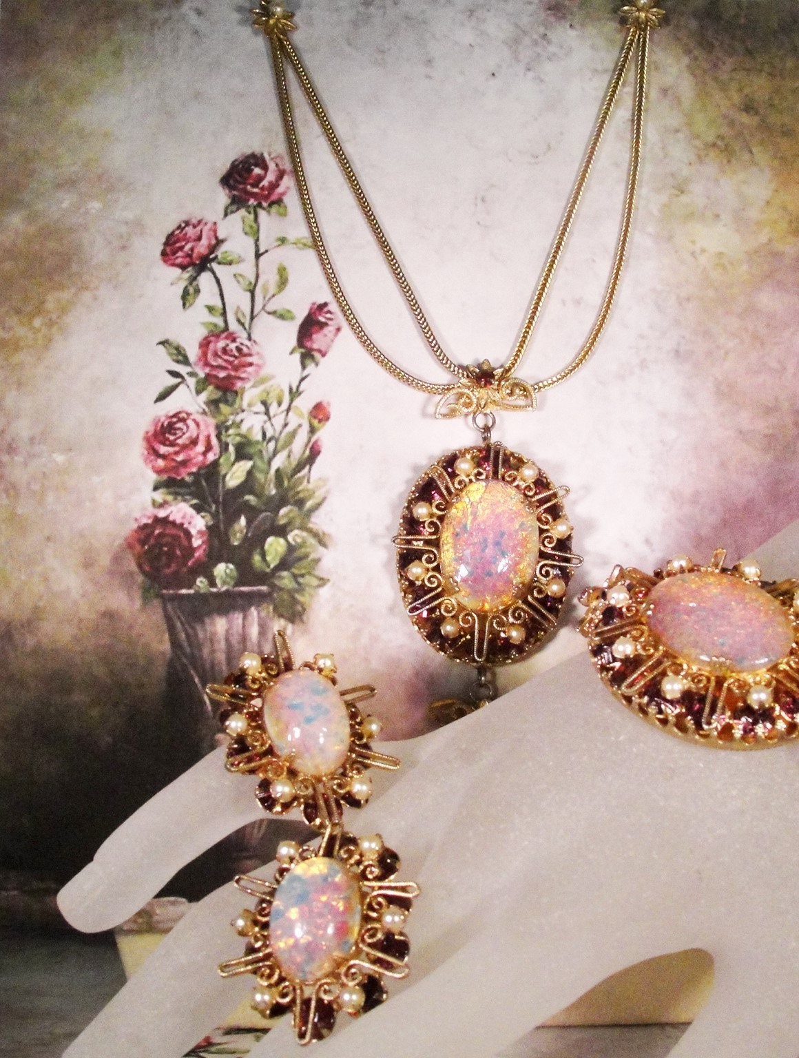 Victorian Jewelry Set, Pink Faux Opal Cabochons, Amethyst Rhinestones ...
