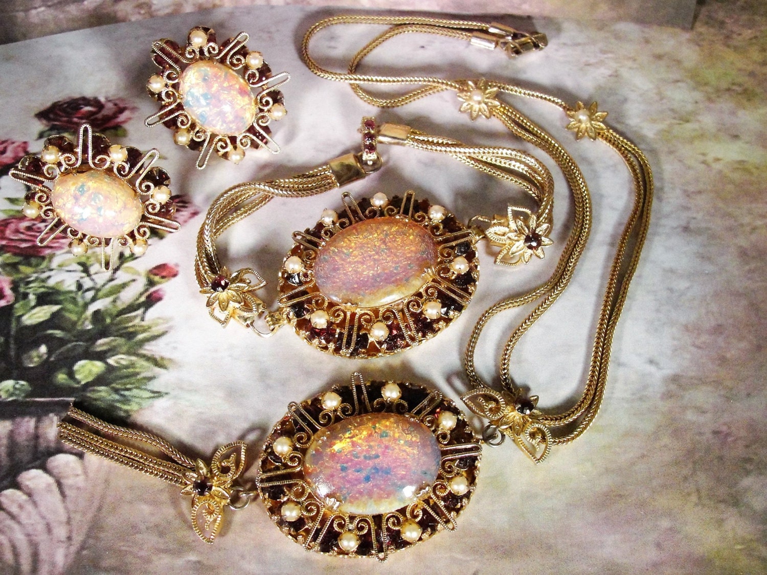 Victorian Jewelry Set, Pink Faux Opal Cabochons, Amethyst Rhinestones ...