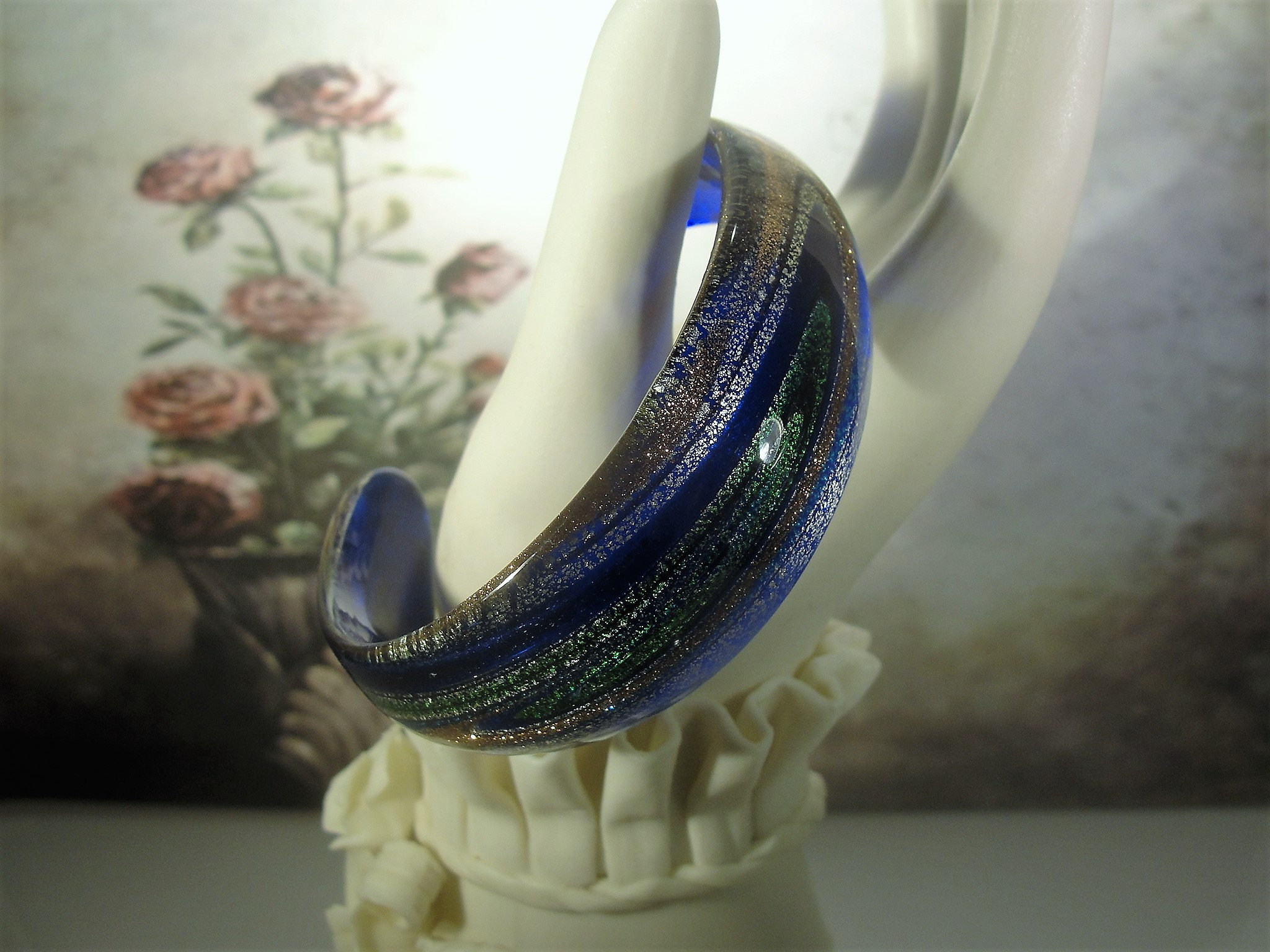 Cuff Bangle, Vintage Glittery Blue Art Glass Cuff Style Bangle Bracelet