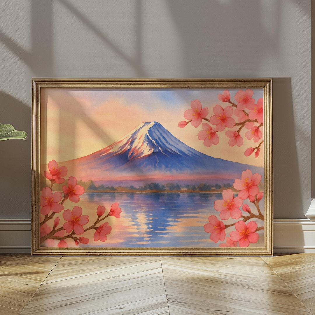 Mt. Fuji Watercolor Print: Sakura Blossoms Pastel Landscape (digital ...