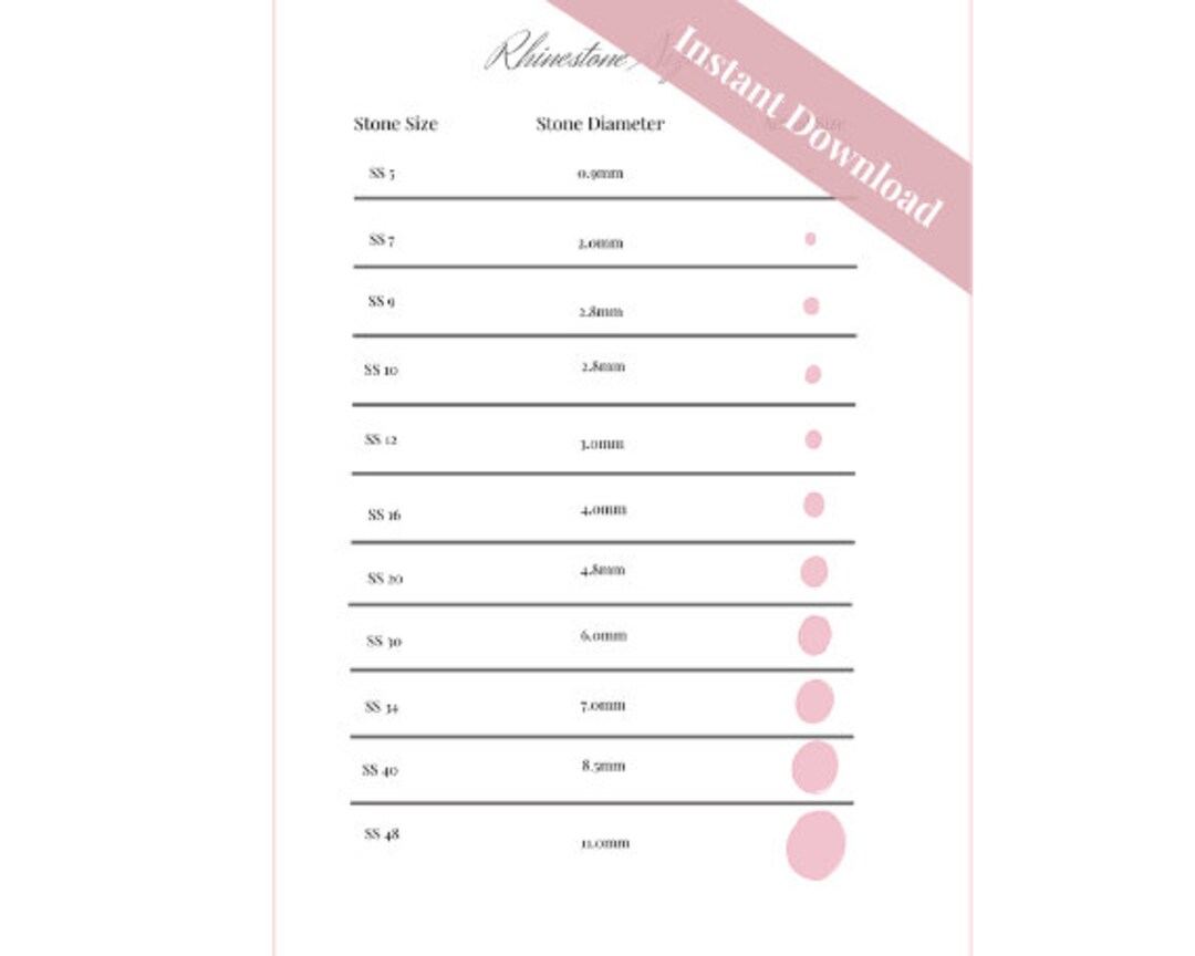 Rhinestone Size Chart, Hotfix Crystals, Ss5,ss7, Ss9, Ss10, Ss12, Ss16 ...