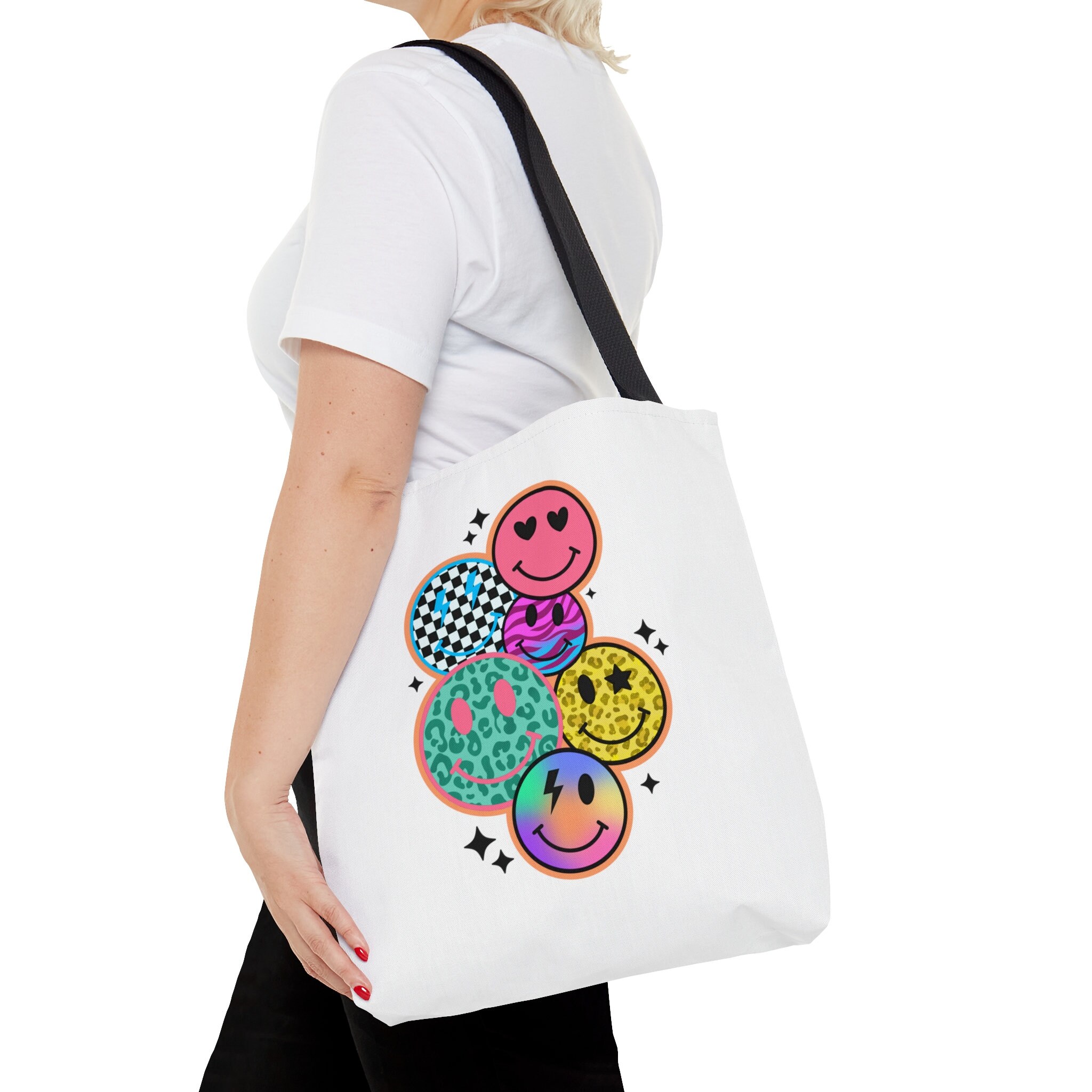 Patterned Smile Face Tote Bag, Colorful Retro Tote Bag, Fun Groovy ...