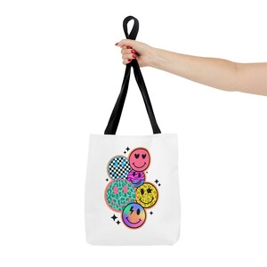 Patterned Smile Face Tote Bag, Colorful Retro Tote Bag, Fun Groovy ...