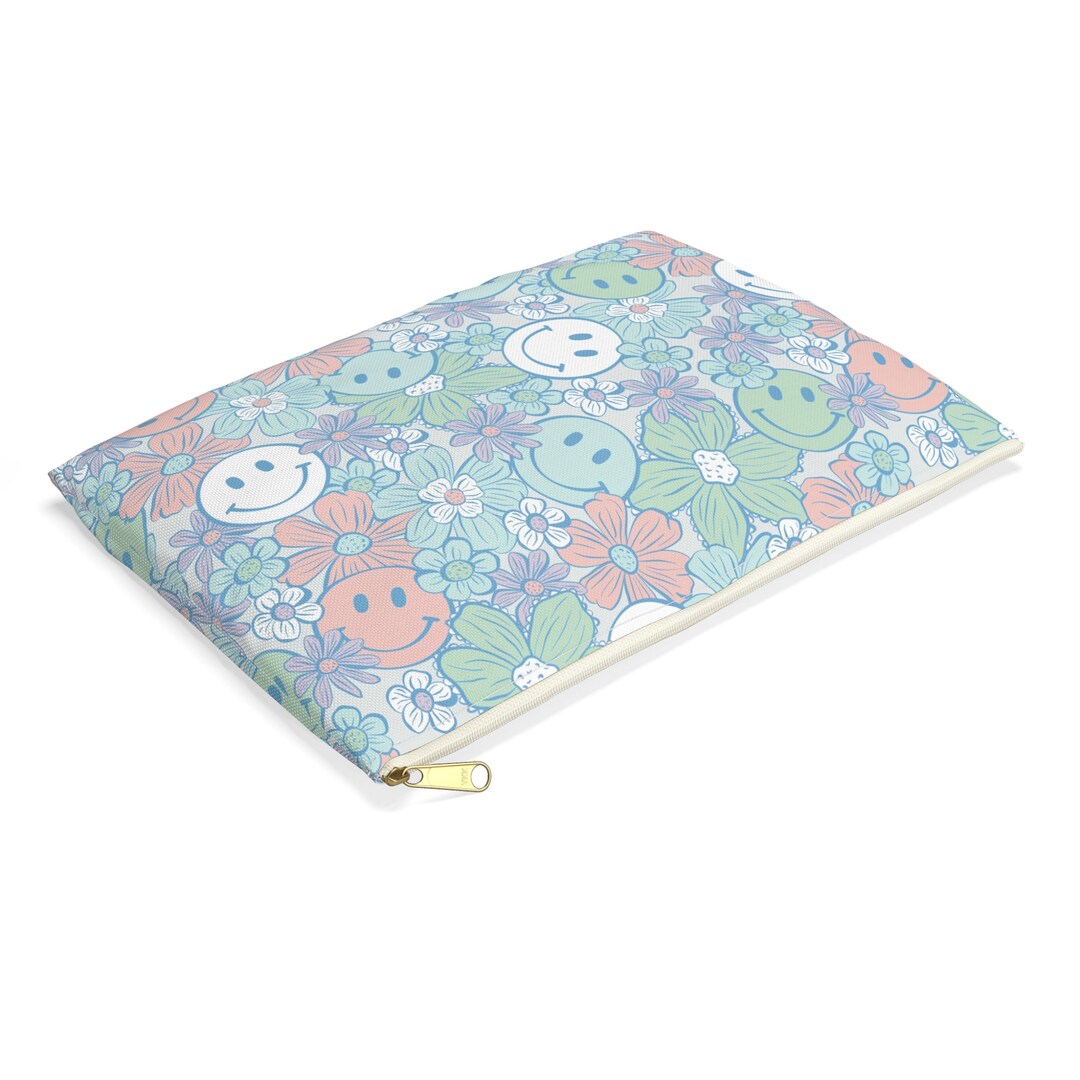 Retro Smile Face and Flower Zipper Pouch, Cute Accessory Pouch, Floral ...