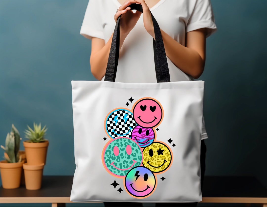Patterned Smile Face Tote Bag, Colorful Retro Tote Bag, Fun Groovy ...