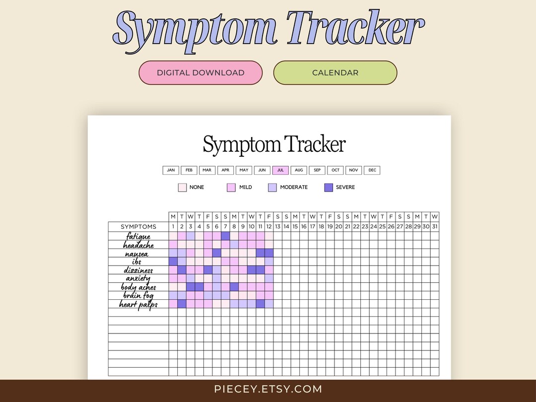 Monthly Symptom Tracker Log Printable, Symptom Frequency Tracker ...