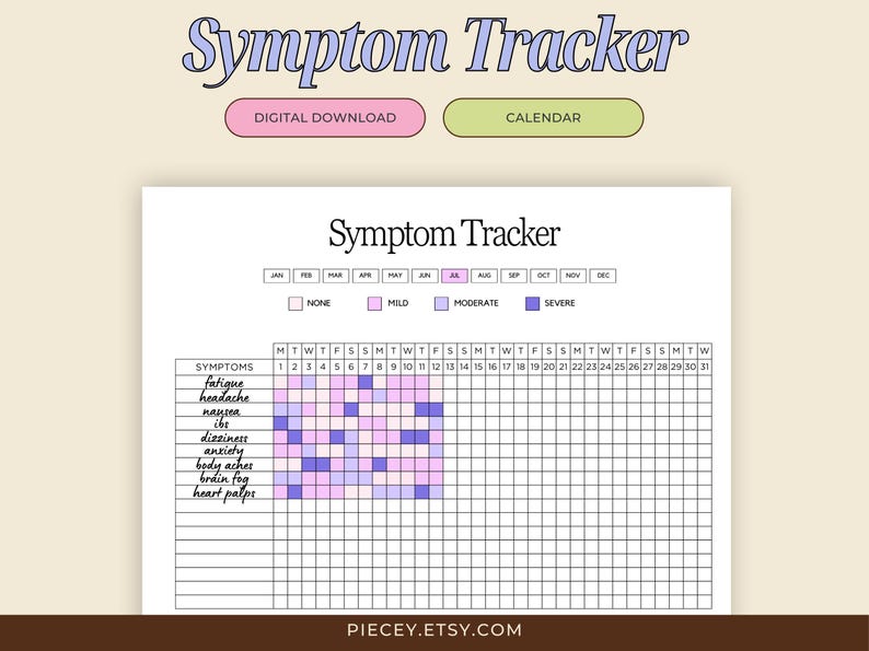 Monthly Symptom Tracker Log Printable, Symptom Frequency Tracker ...