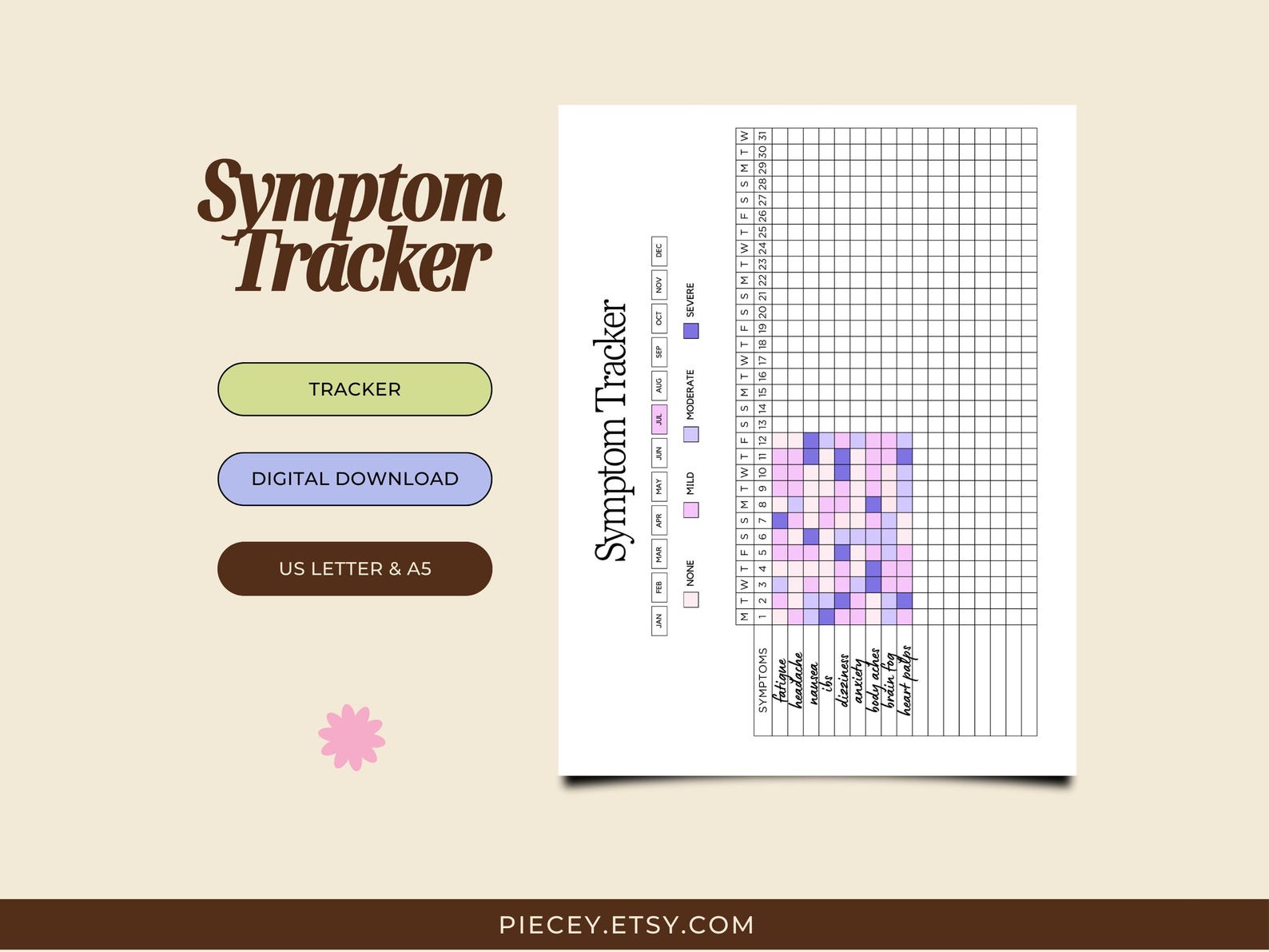 Monthly Symptom Tracker Log Printable, Symptom Frequency Tracker ...