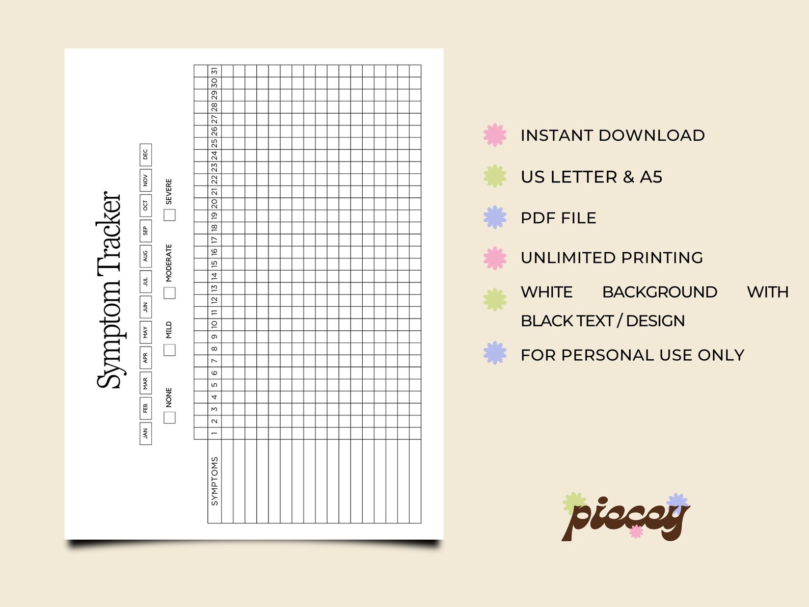 Monthly Symptom Tracker Log Printable, Symptom Frequency Tracker ...